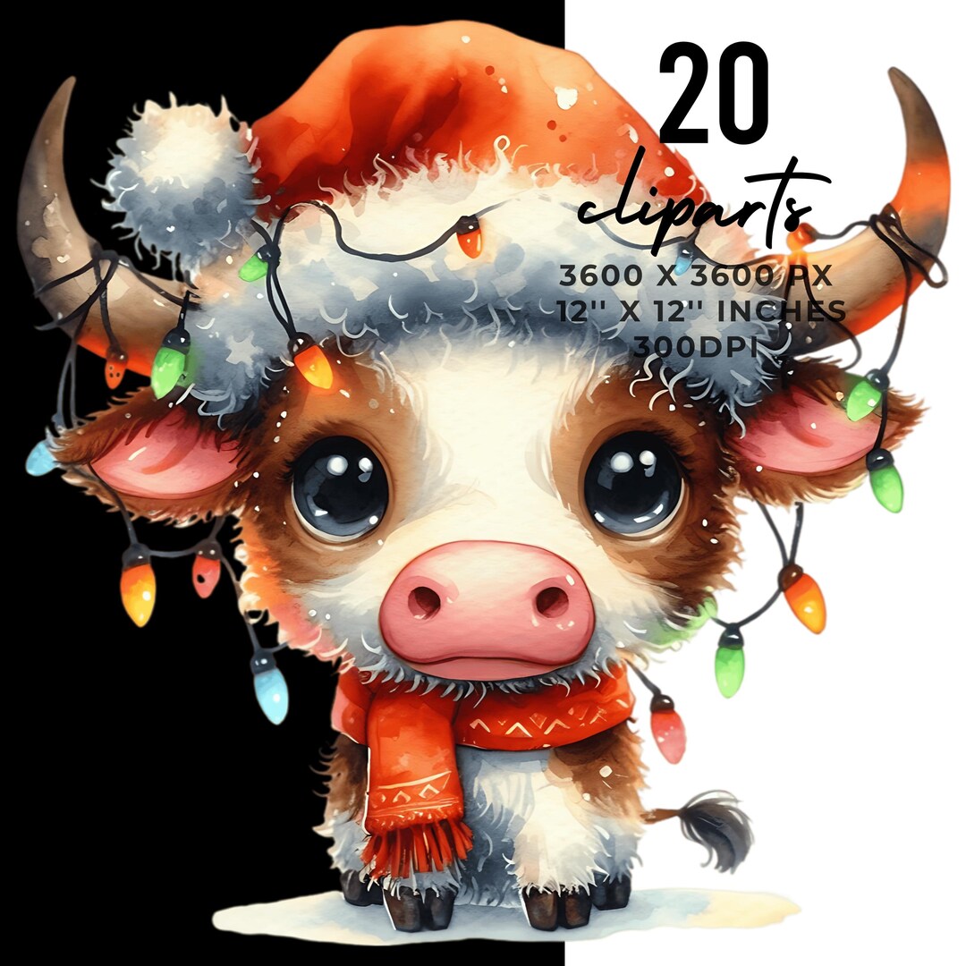 20 Cute TEXAS LONGHORN COW With Santa Hat, and Christmas Lights Clip ...
