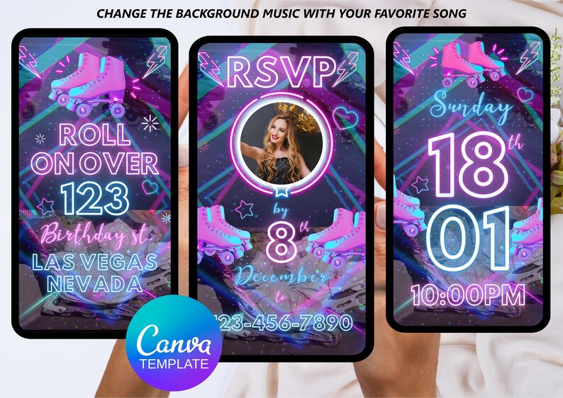 Rolling Skate Birthday Invitation, Let's Roll Retro Neon Lights ...