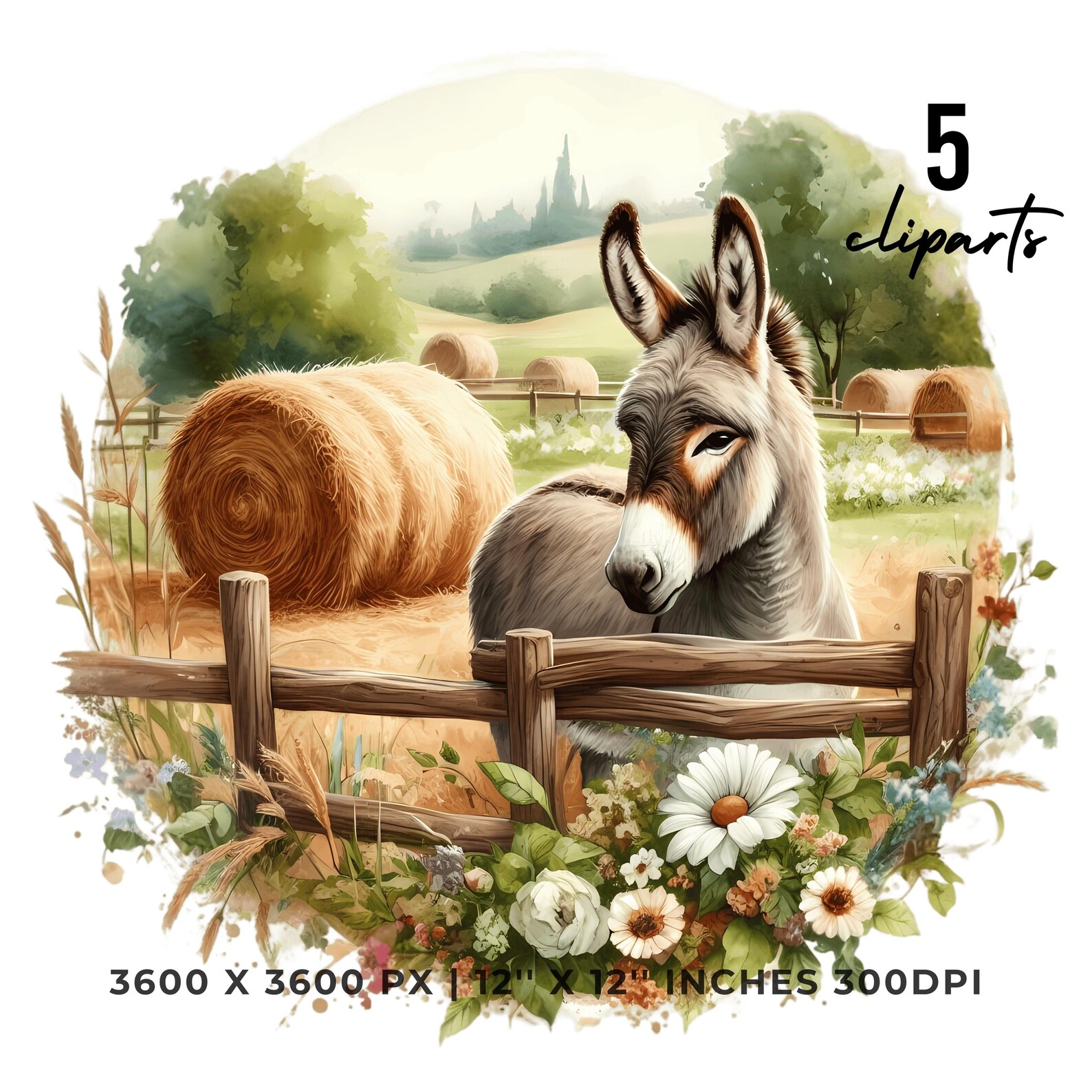 Watercolor Donkey Clipart: Farm Animal PNG, Flowers, Hay Bales (digital ...