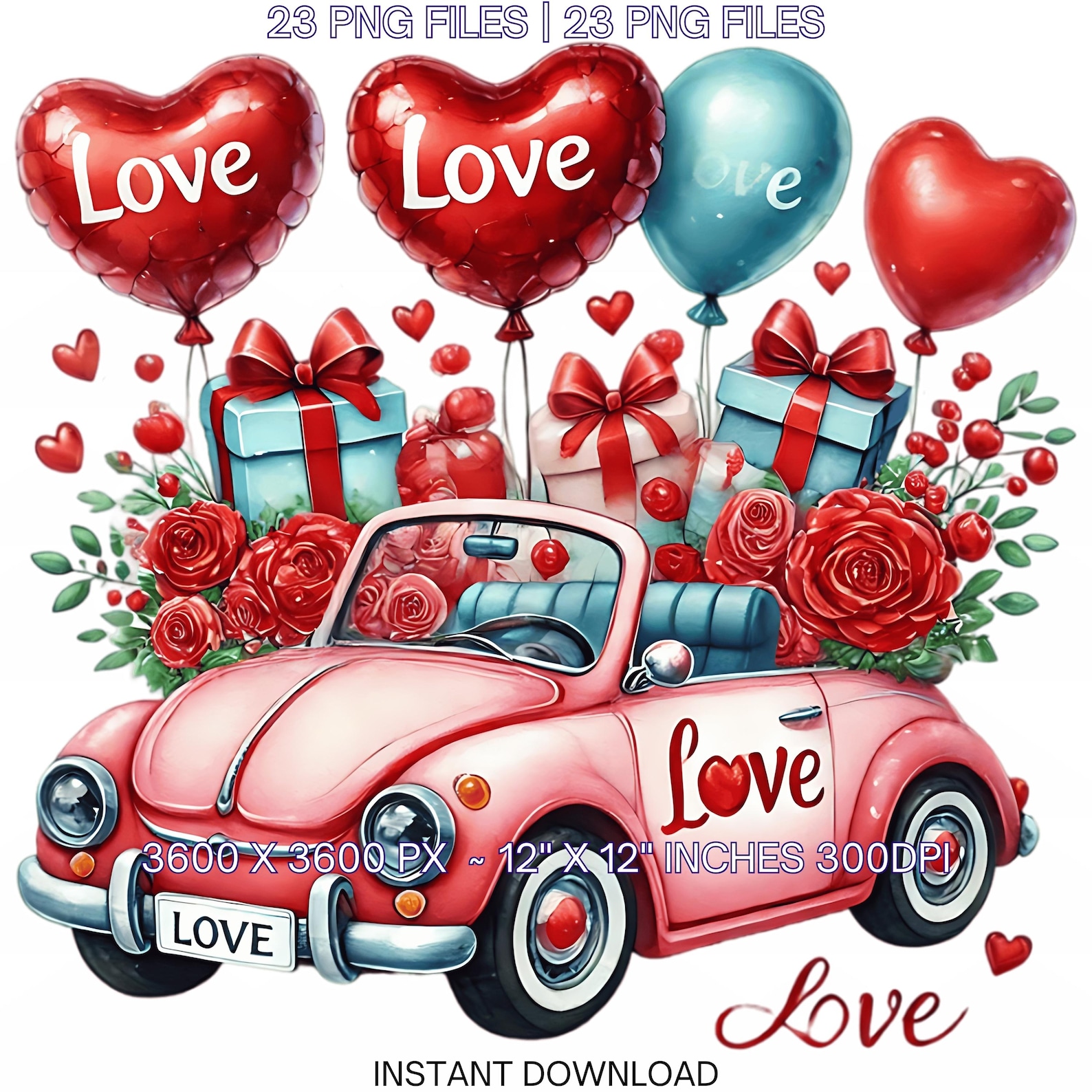 Watercolor Valentine Car Clipart: Love Cabriolet PNG (digital Download ...