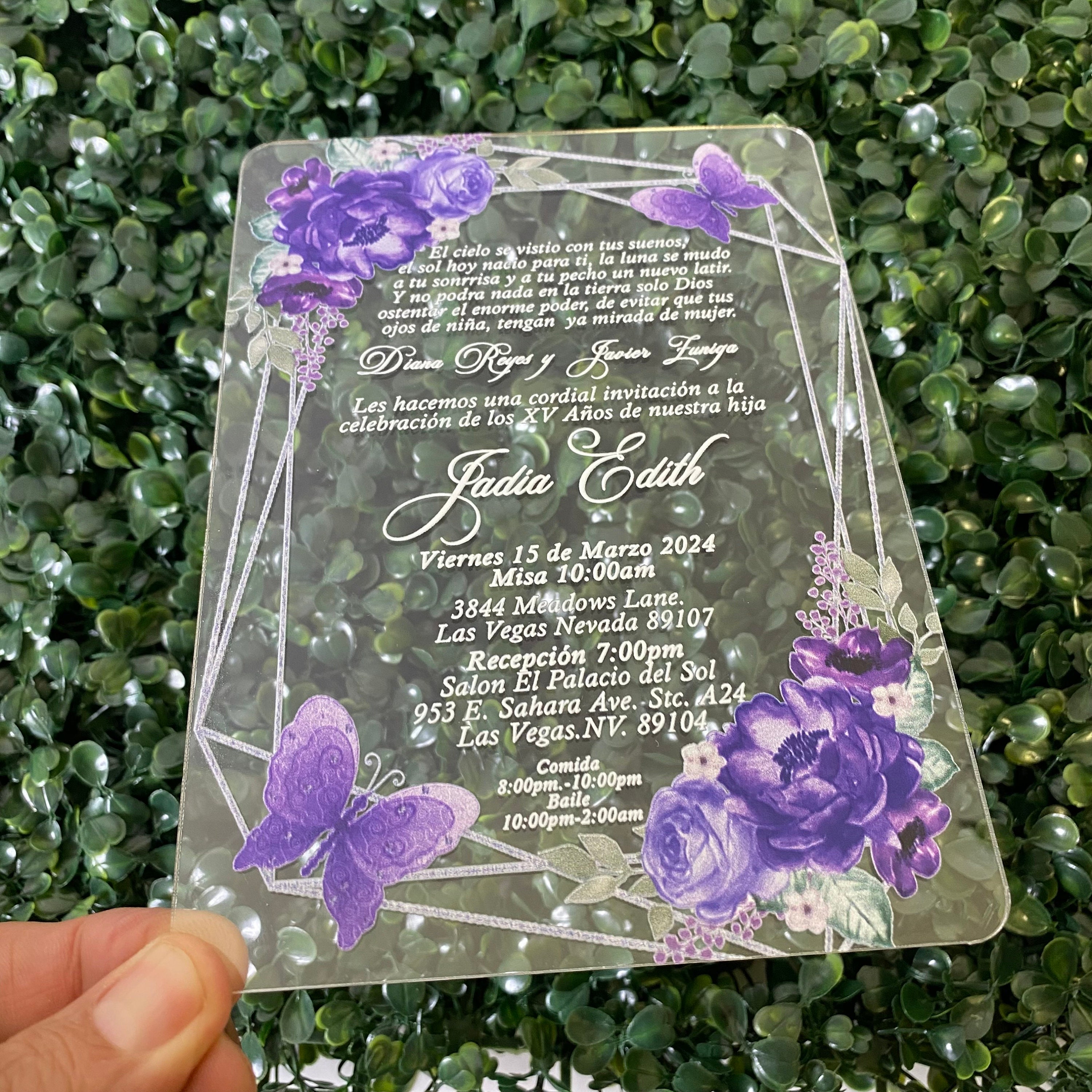 Clear Acrylic Quinceanera Invitation, Purple Floral Invitation, Floral ...