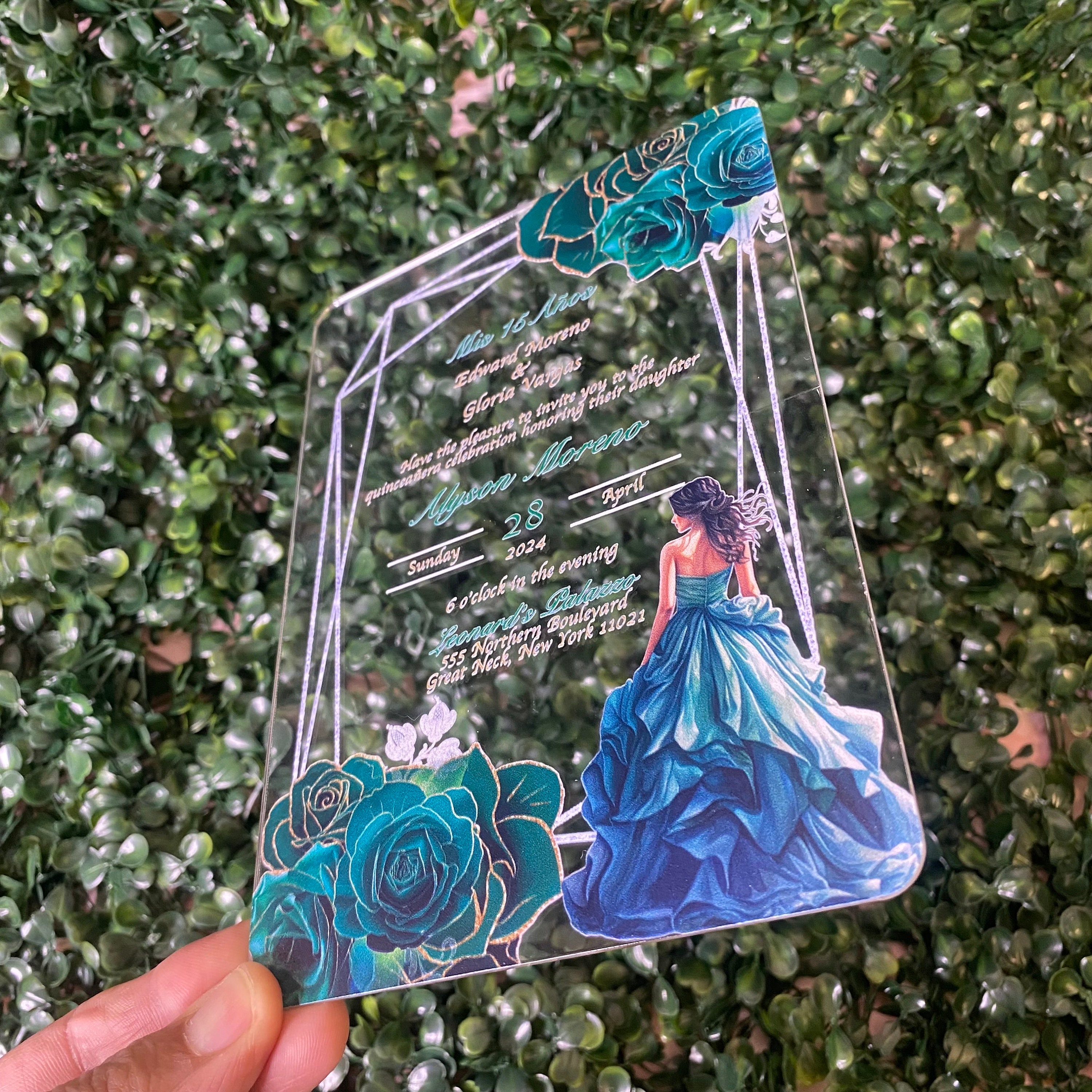 Clear Acrylic Quinceanera Invitation, Emerad Green Invitation, Floral ...