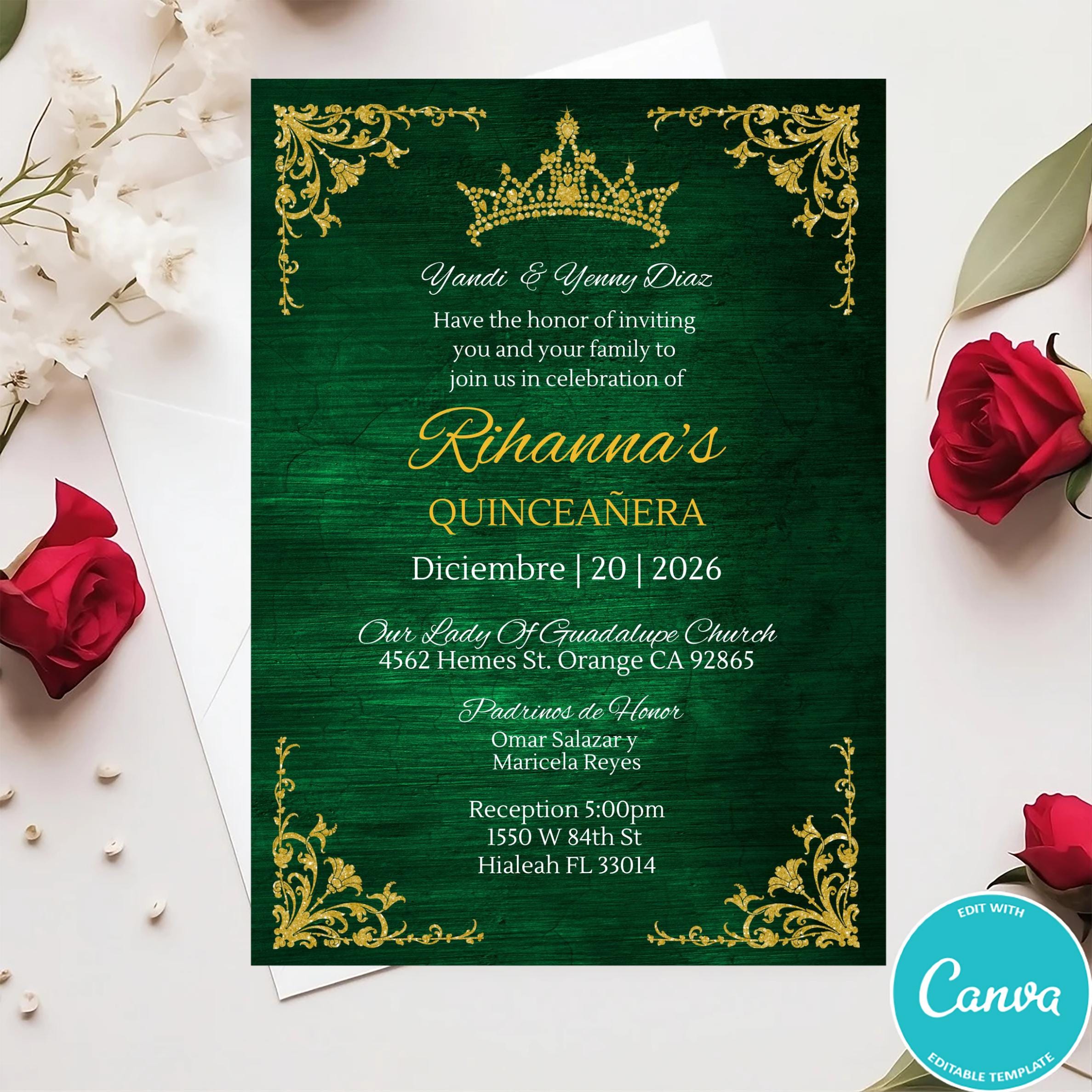 Emerald Green Elegant Gold Quinceanera Invitations Canva Template ...