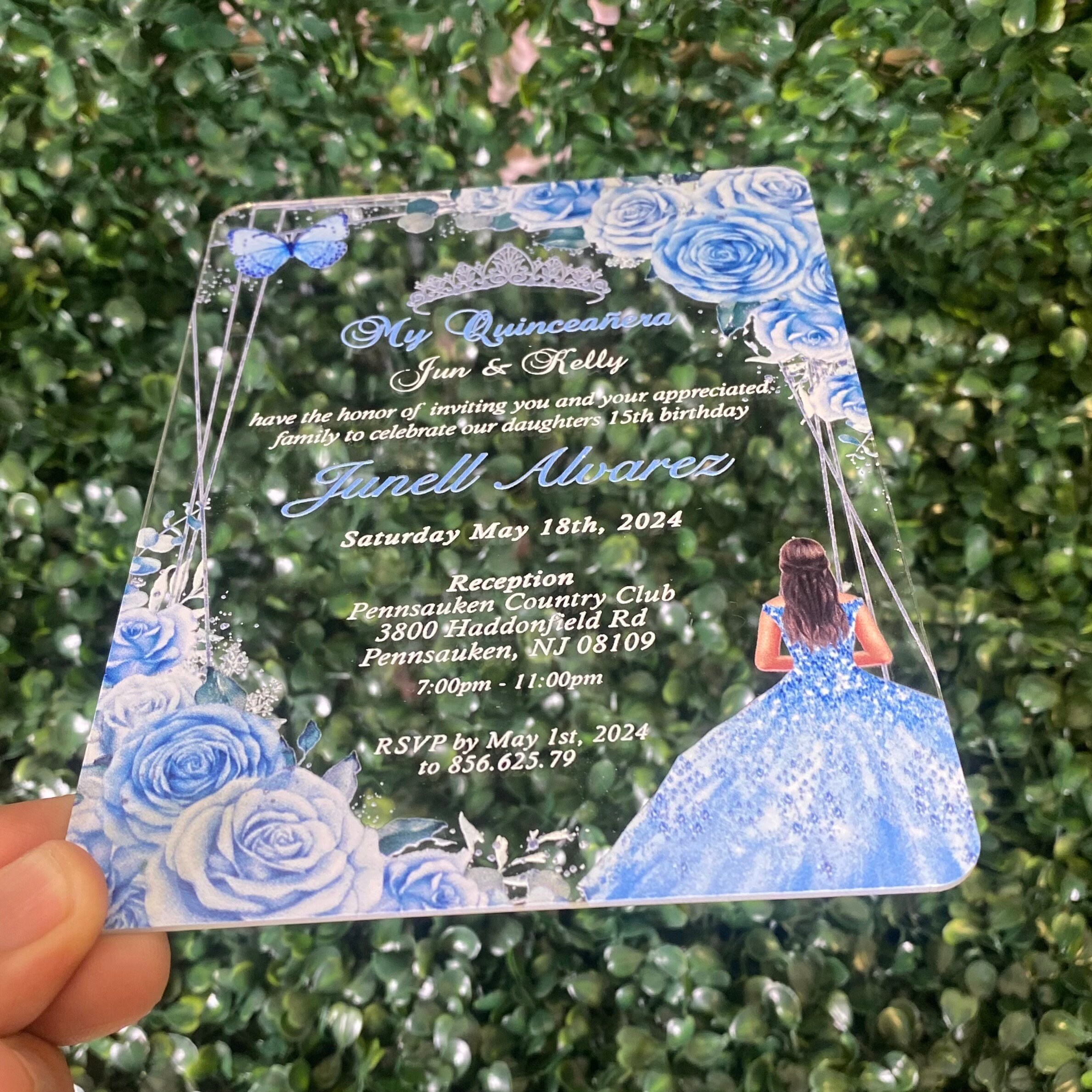 Clear Acrylic Quinceanera Invitation: Light Blue Floral Design - Etsy