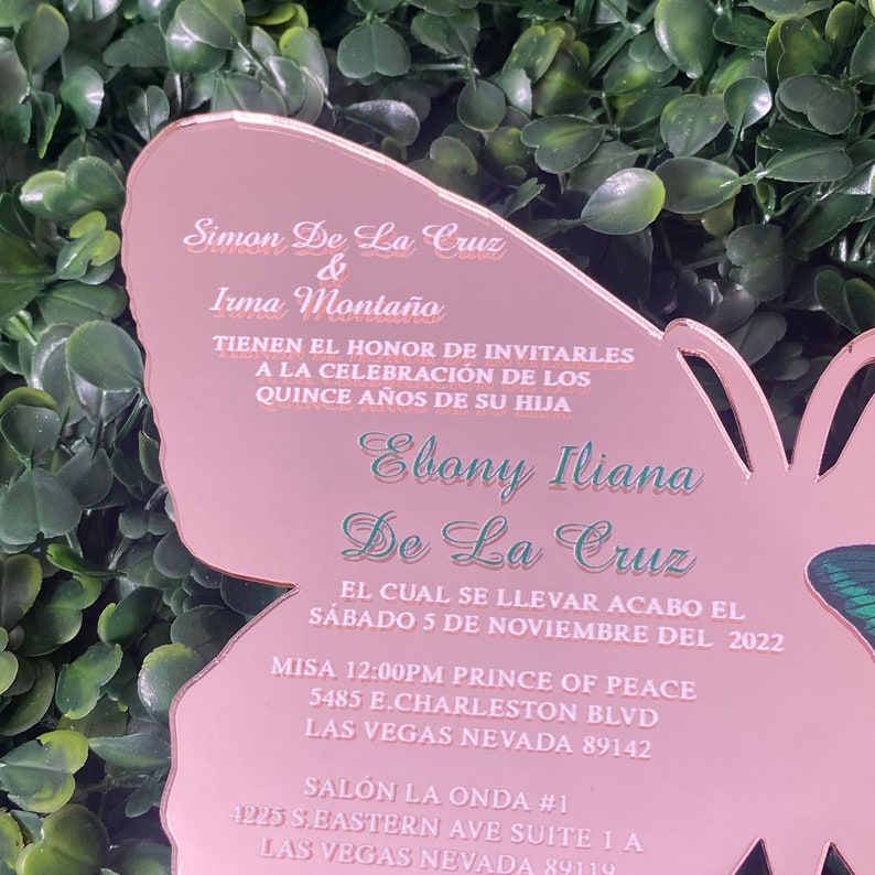 Rose Gold Acrylic Quinceanera Invitation, Emerald Green Butterflies ...