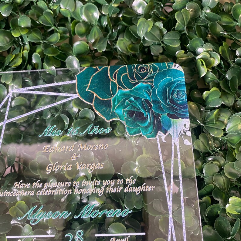 Clear Acrylic Quinceanera Invitation, Emerad Green Invitation, Floral ...