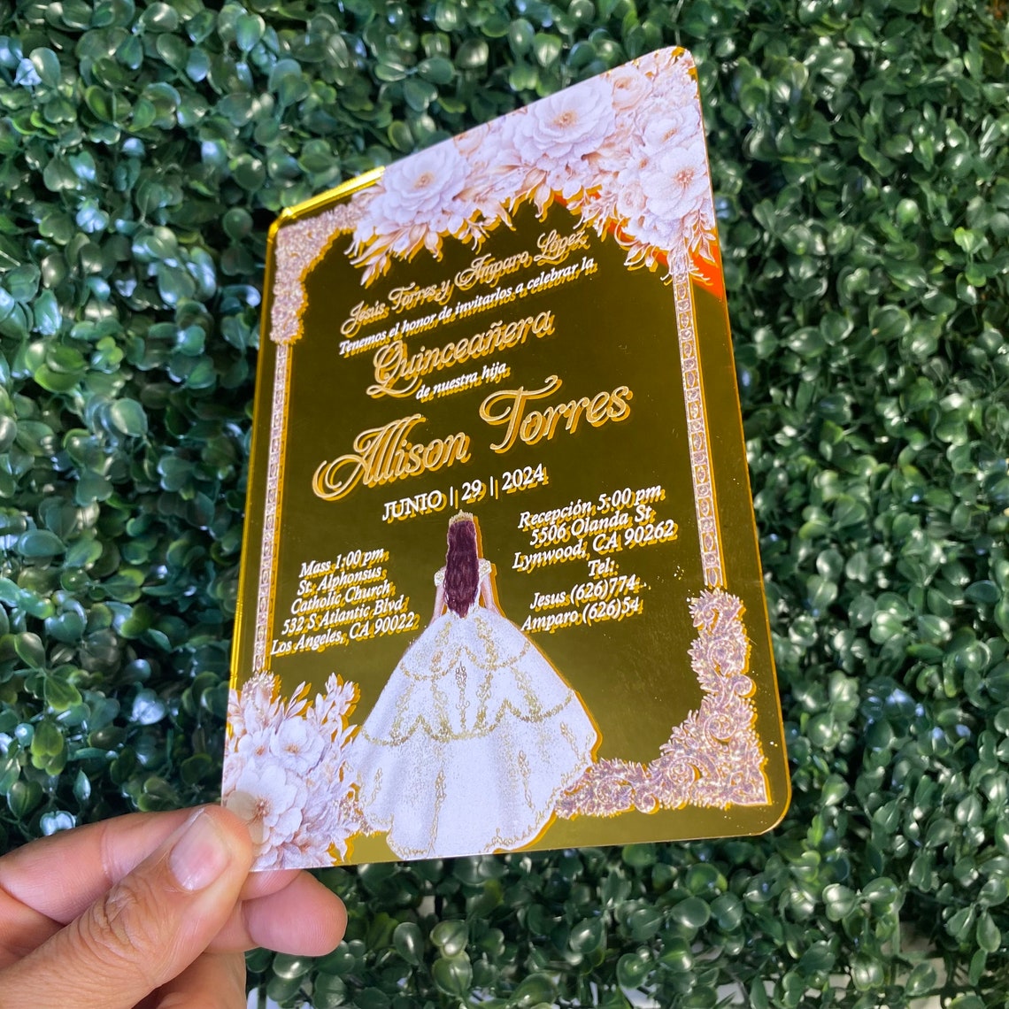 Gold Acrylic Mirror Quinceanera Invitation: Ivory Floral Design - Etsy