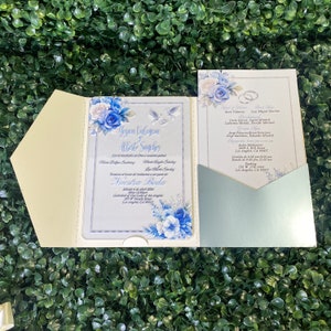 Pocket Trifold Wedding Invitation, Light Blue Floral Invitation With ...