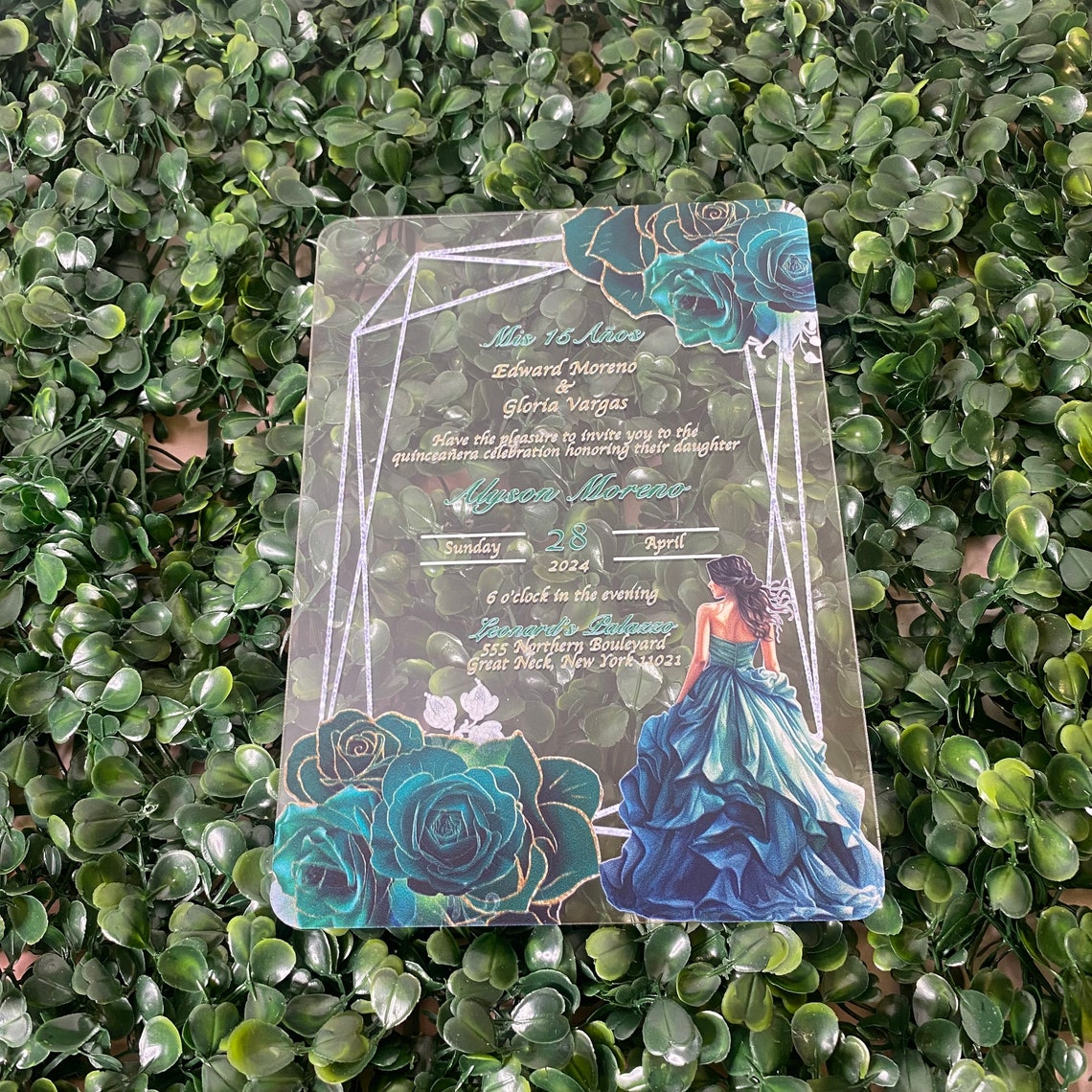 Clear Acrylic Quinceanera Invitation, Emerad Green Invitation, Floral ...