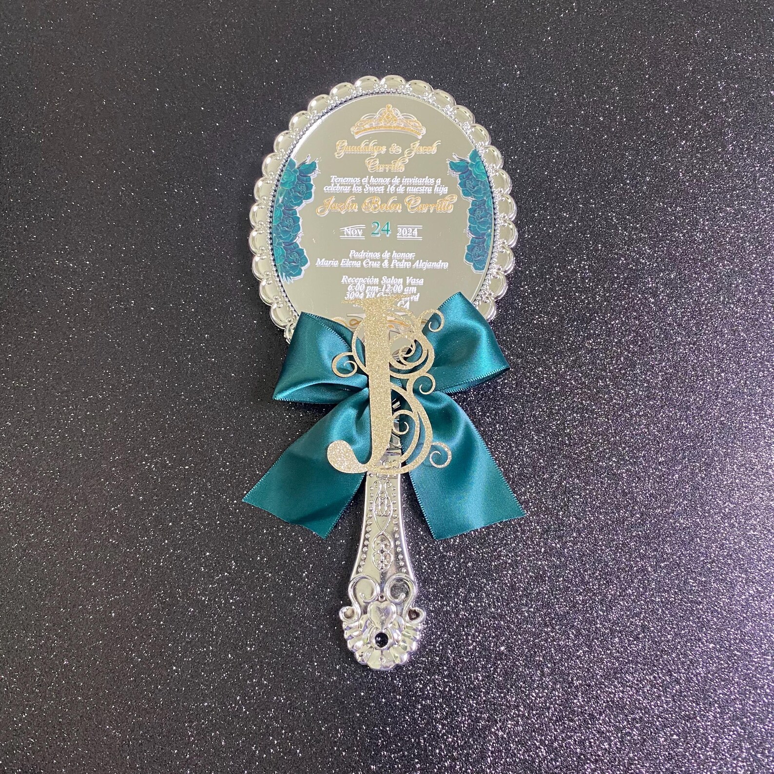 Silver Hand Mirror Quinceanera Invitation: Emerald Ribbon, Glitter Box ...