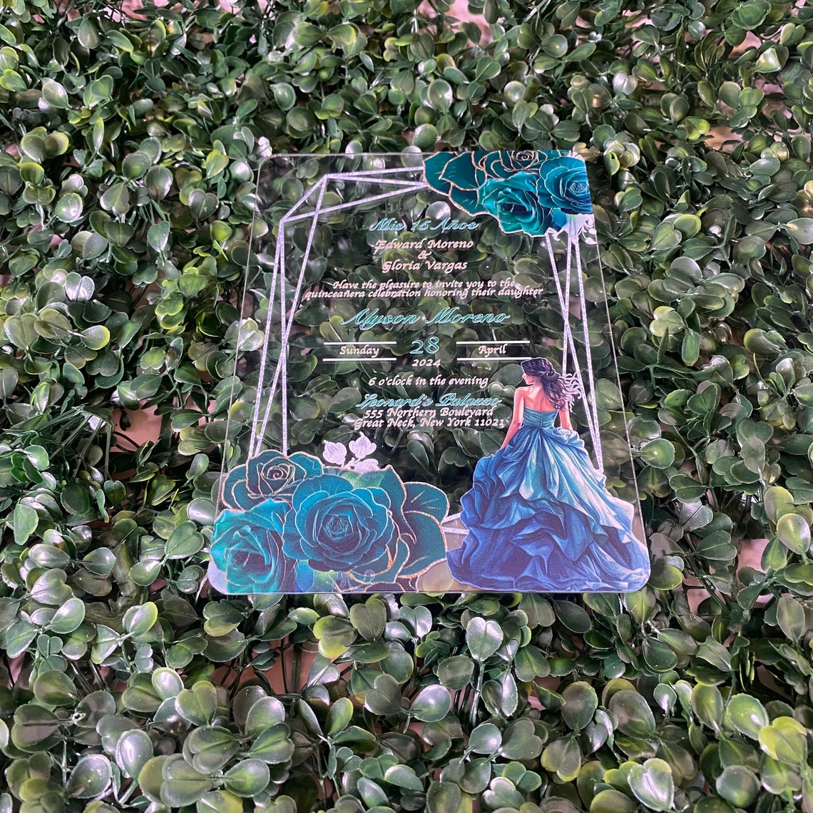 Clear Acrylic Quinceanera Invitation, Emerad Green Invitation, Floral ...