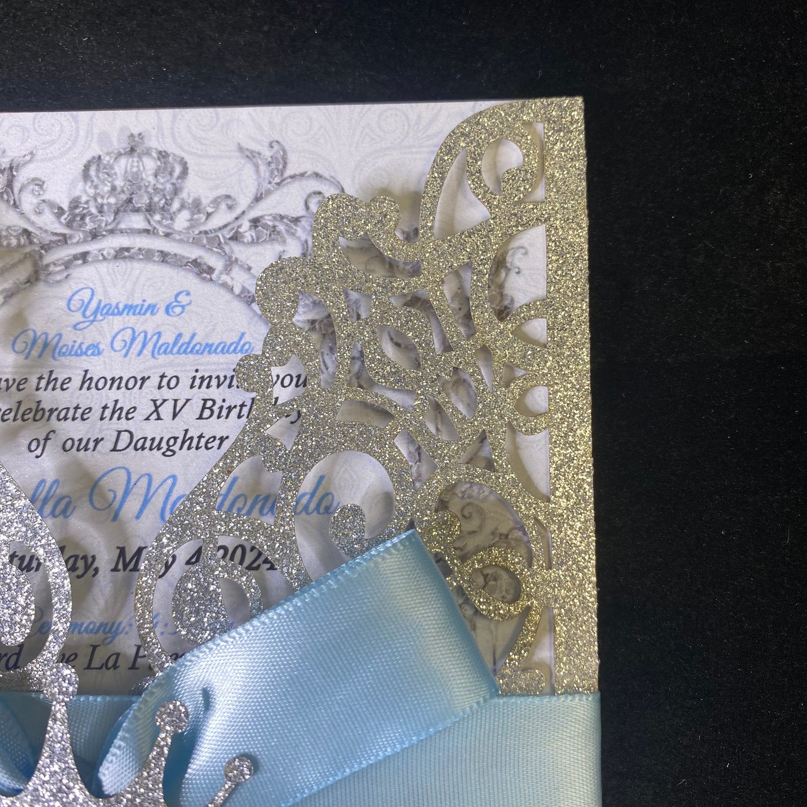 Silver Glitter Quinceanera Invitation, Baby Blue Ribbon Invitation ...