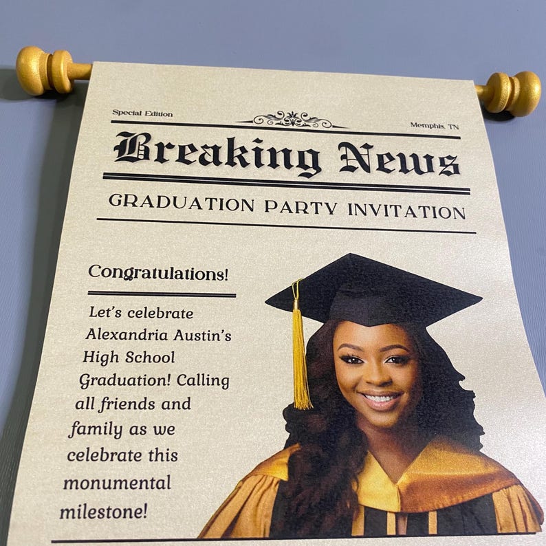 Scroll Graduation Invitation: Black & Gold, Wood Rods, Bow - Etsy