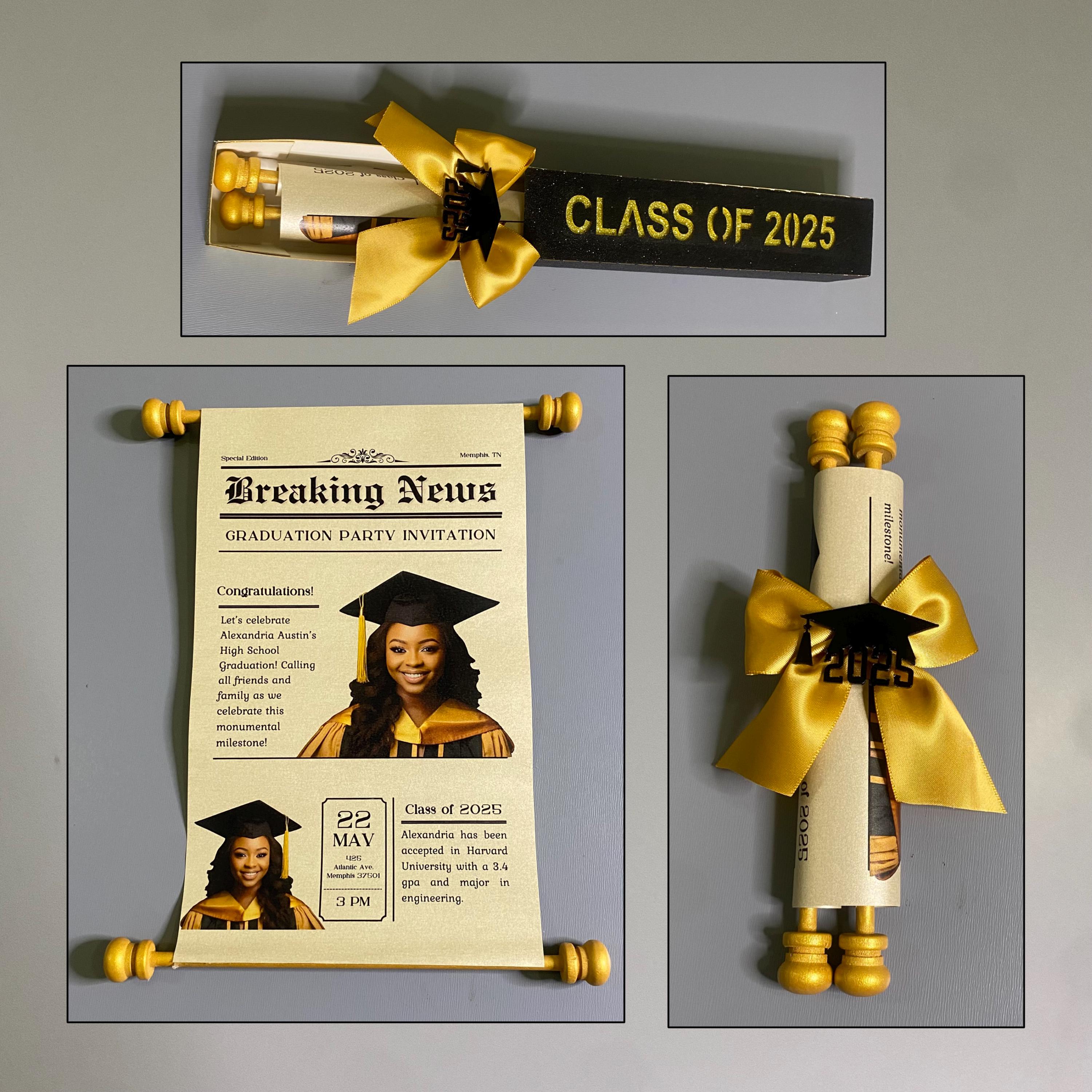 Scroll Graduation Invitation: Black & Gold, Wood Rods, Bow - Etsy