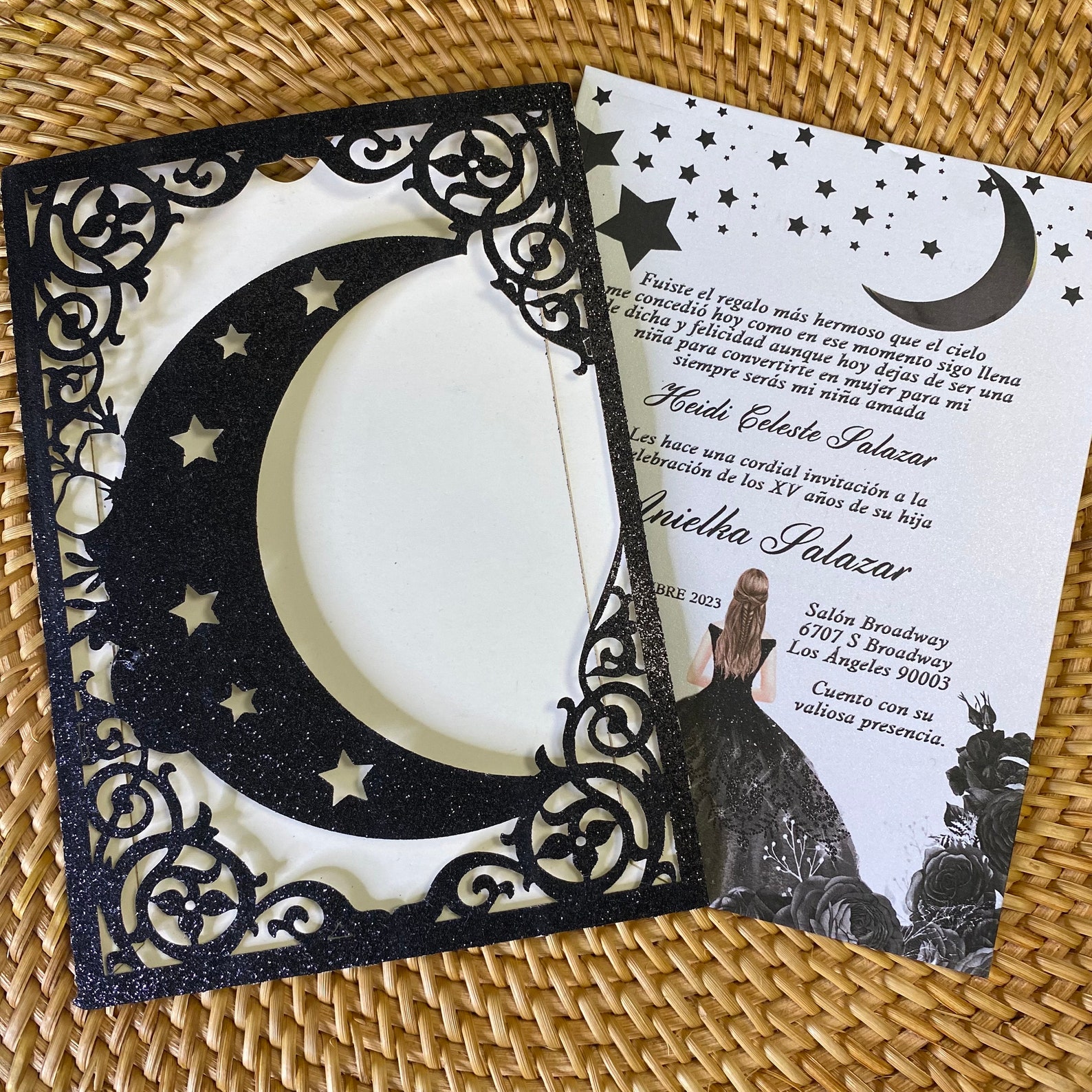 Black Glitter Quinceanera Invitation, Moon and Stars Invitation ...