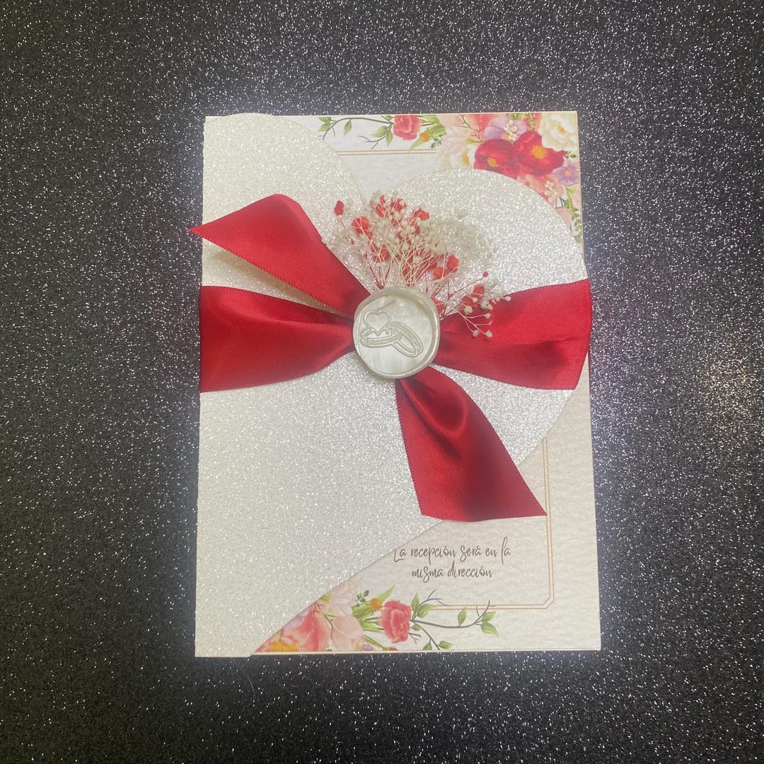 White Glitter Wedding Invitation, Red Ribbon Invitation, Wax Seal ...