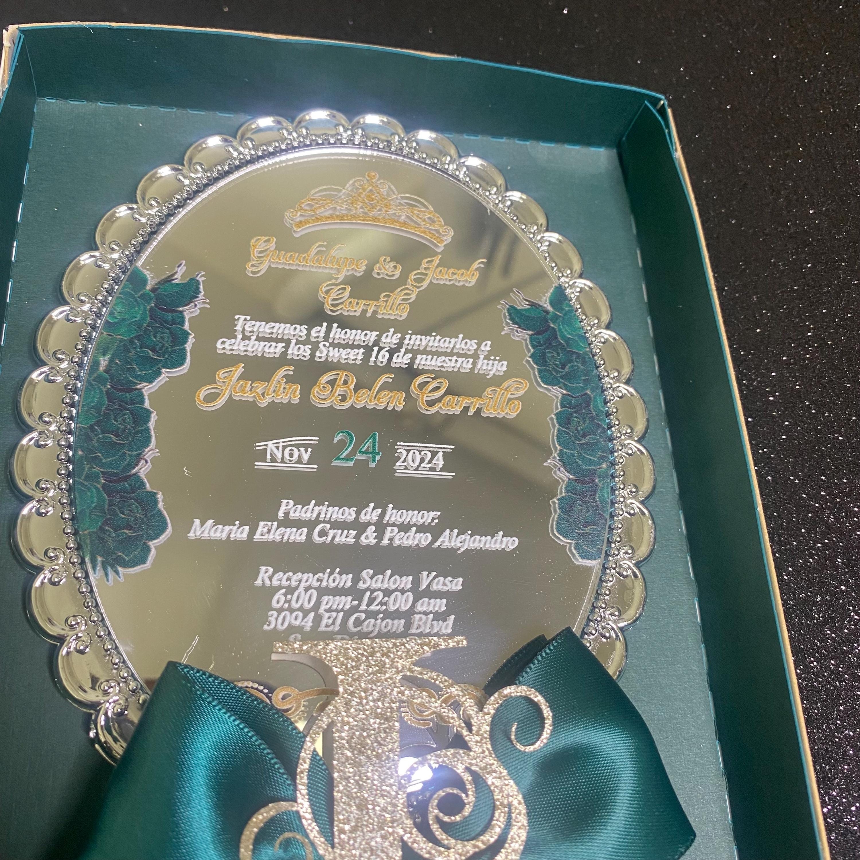 Silver Hand Mirror Quinceanera Invitation: Emerald Ribbon, Glitter Box ...