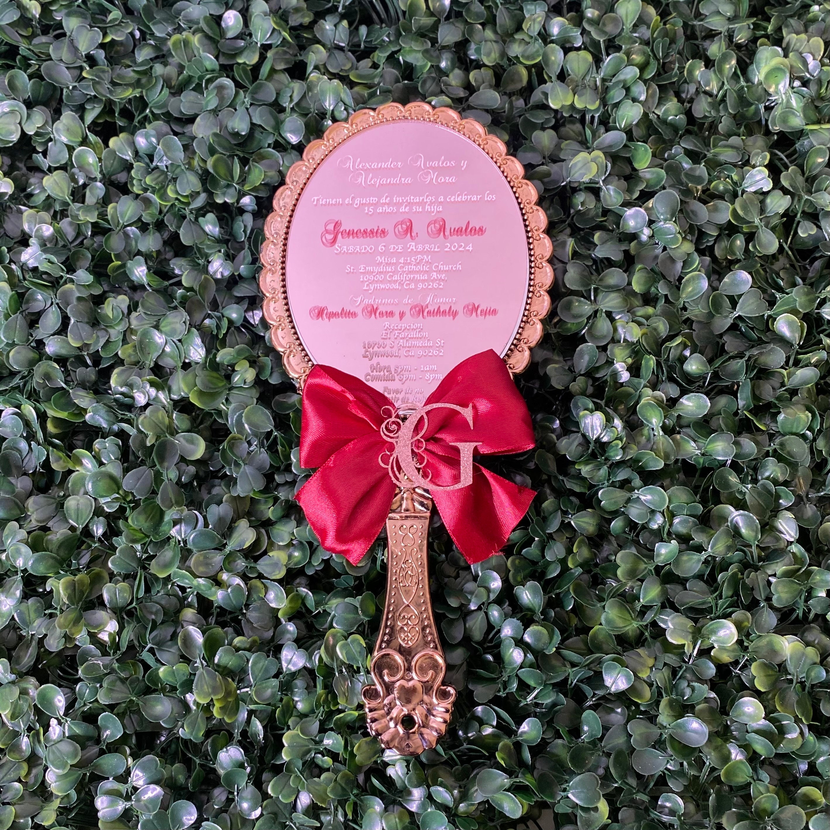 Rose Gold Hand Mirror Quinceanera Invitation: Red Ribbon, Glitter ...