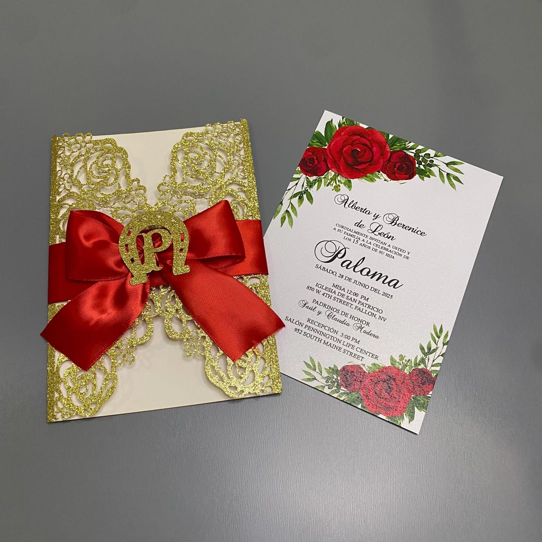 Gold Glitter Quinceanera Invitation, Red Ribbon Invitation Quinceanera ...