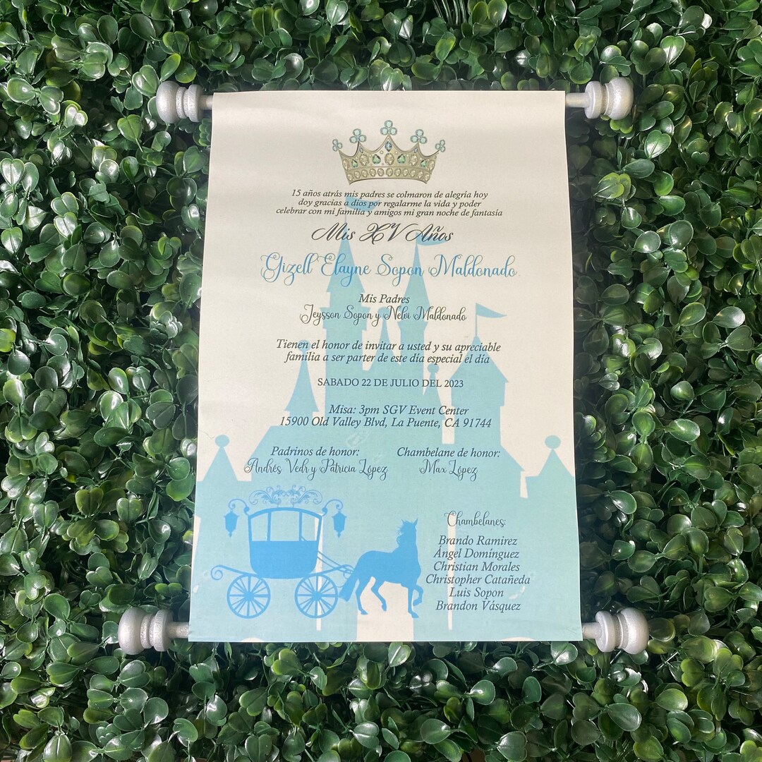 Scroll Quinceanera Invitation, Wood Silver Rods, Princess Quinceanera ...