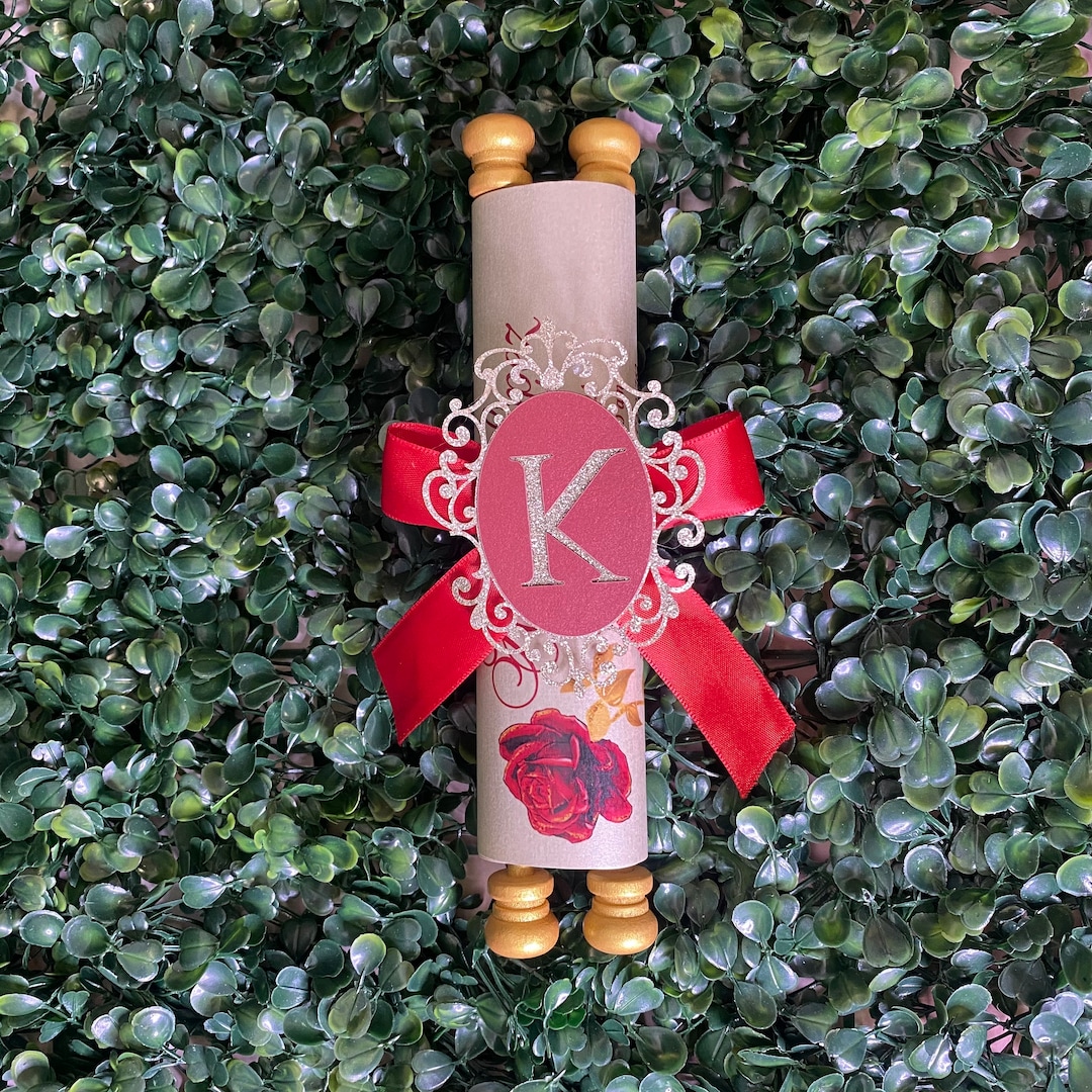 Scroll Quinceanera Invitation, Wood Gold Rods, Red Gold Quinceanera ...