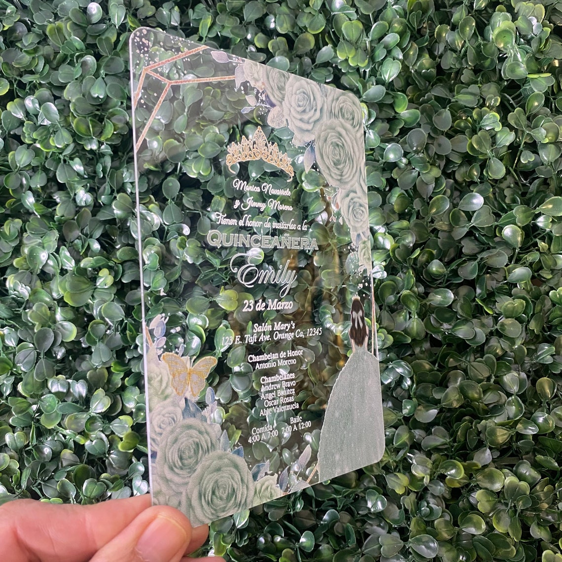 Clear Acrylic Quinceanera Invitation, Sage Green Invitation, Floral ...