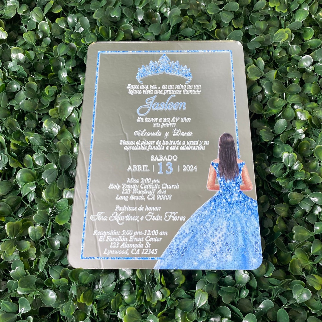 Silver Mirror Acrylic Quinceanera Invitation, Baby Blue Invitation ...