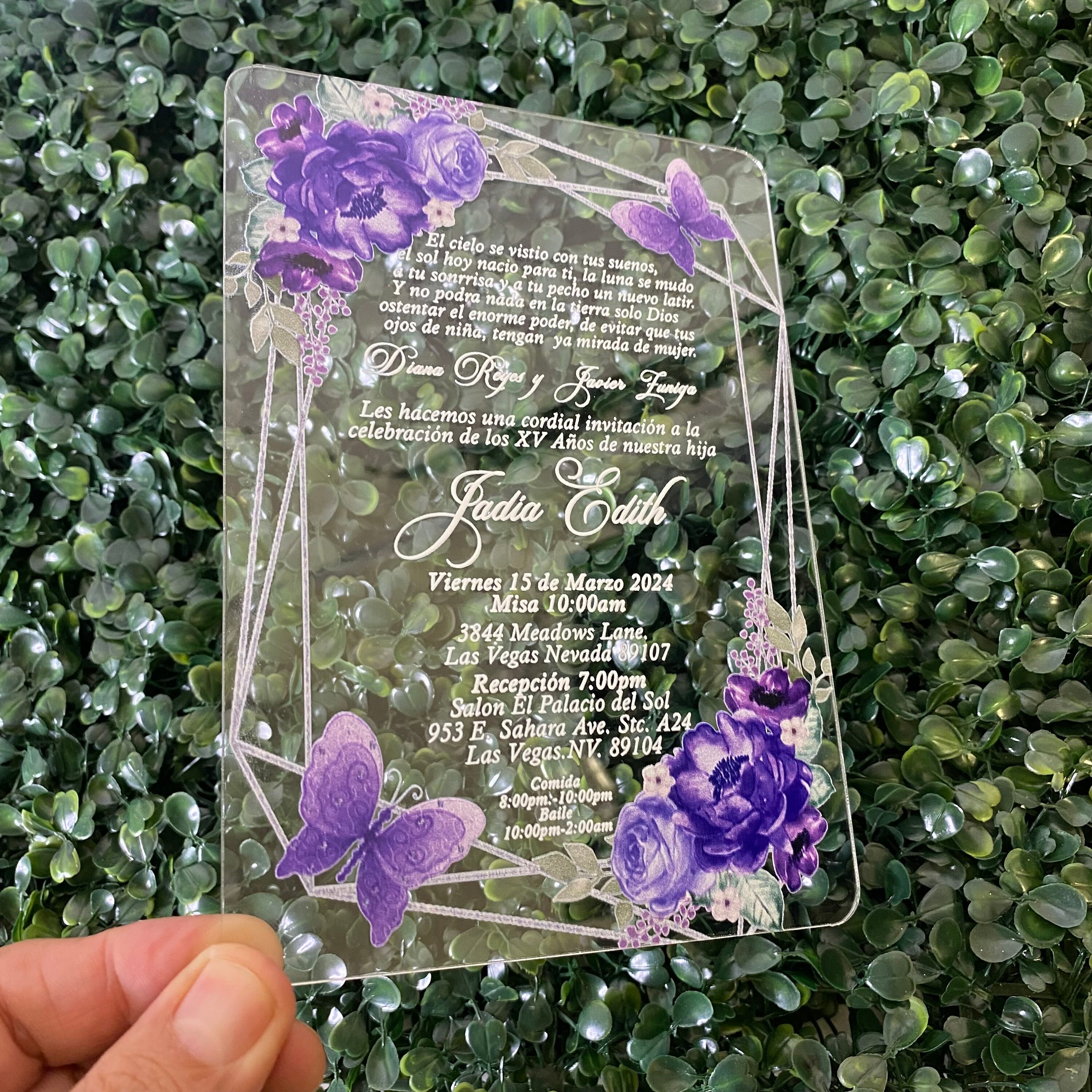 Clear Acrylic Quinceanera Invitation, Purple Floral Invitation, Floral ...