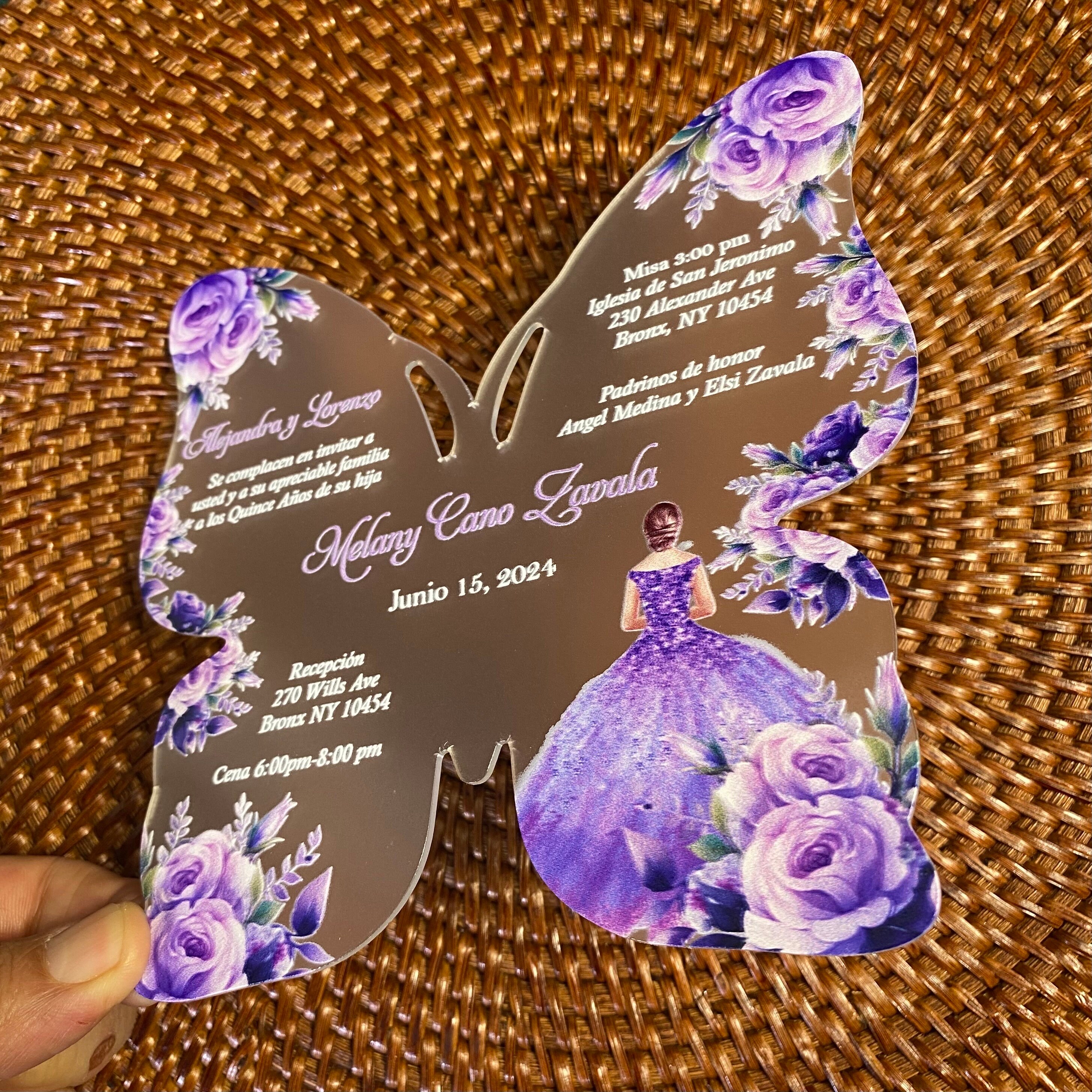 Frosted Acrylic Quinceanera Invitation: Purple Floral Butterfly (6x6 ...