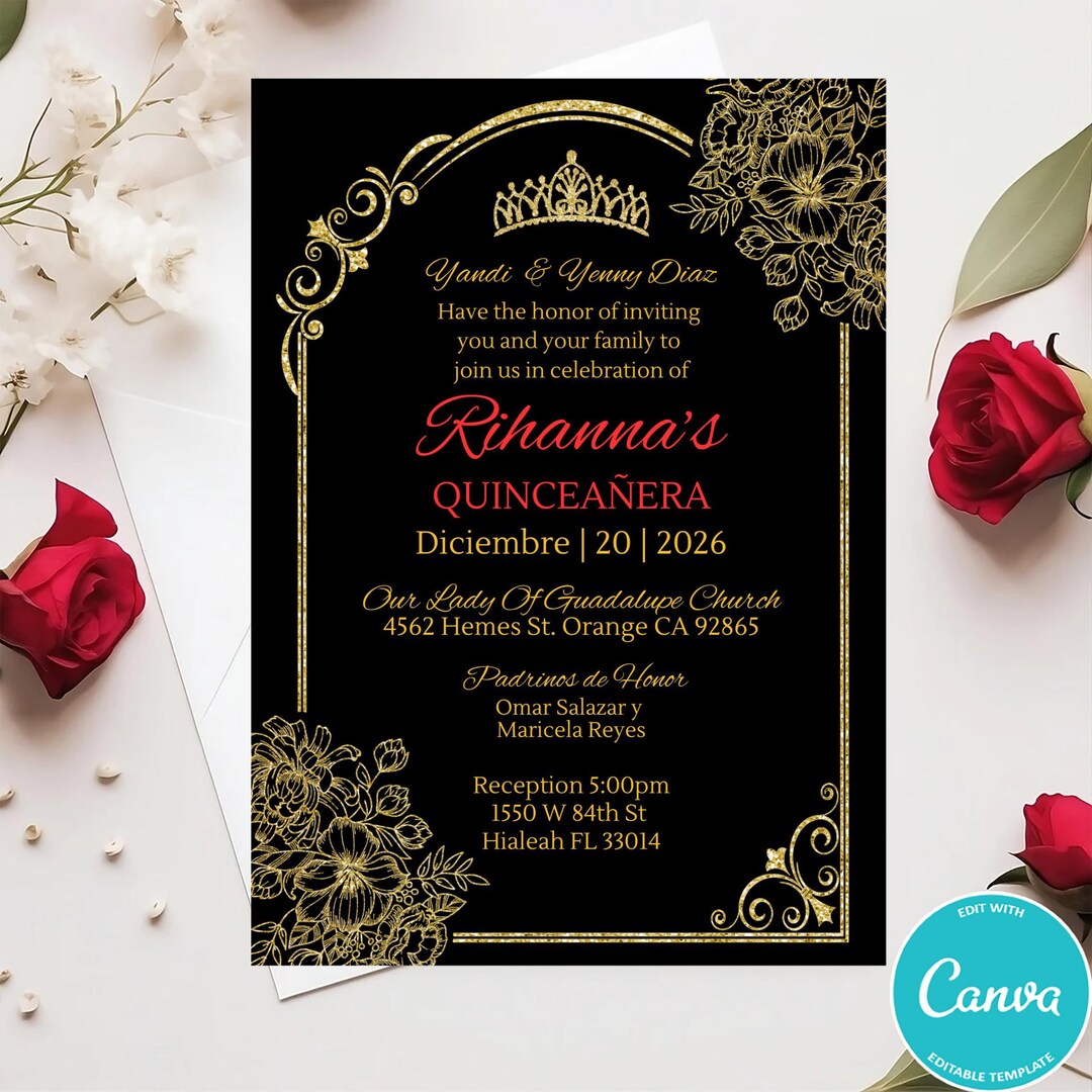 Gold Floral Quinceanera Invitation Template: Elegant Princess Design ...