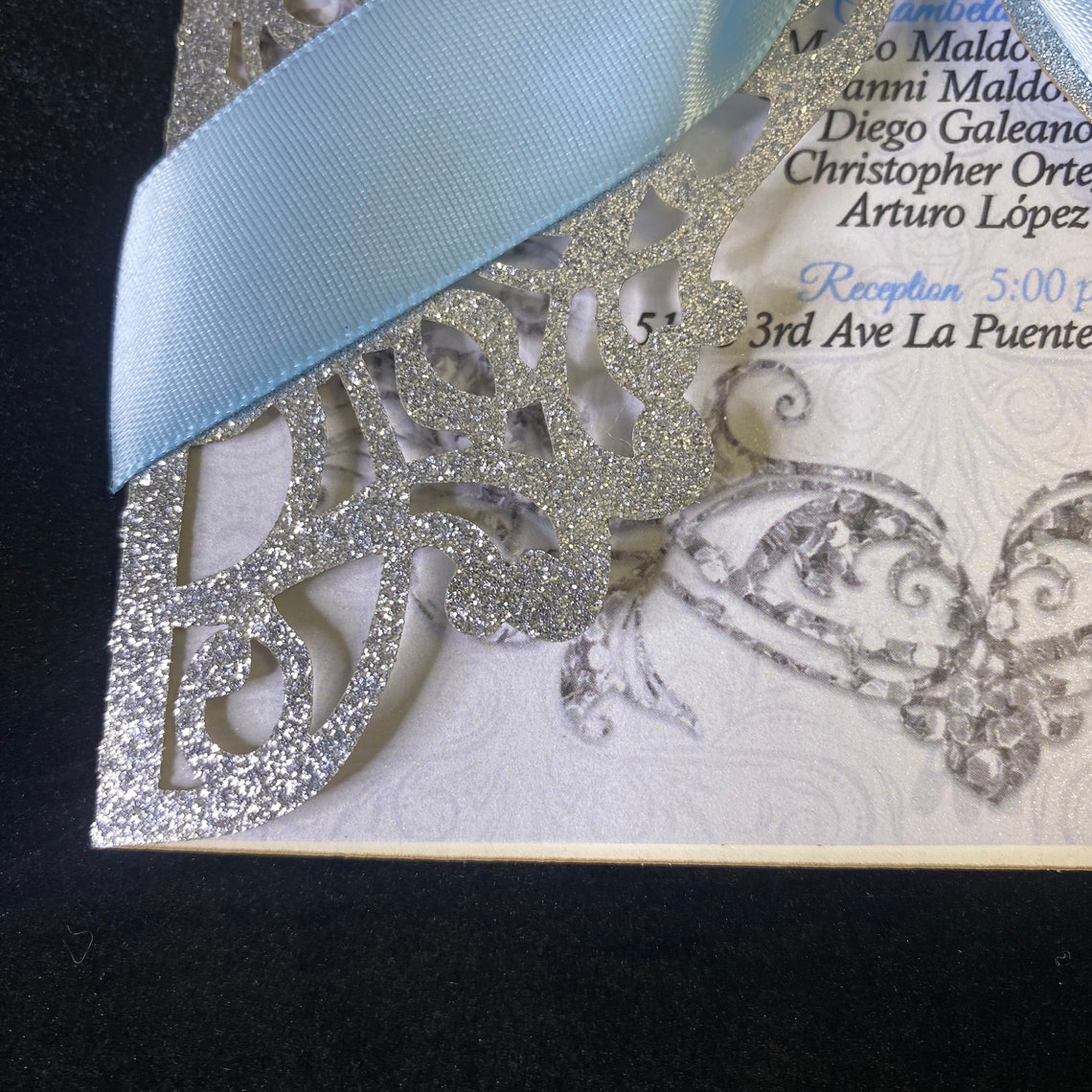 Silver Glitter Quinceanera Invitation, Baby Blue Ribbon Invitation ...