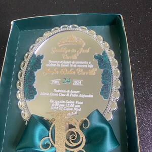 Silver Hand Mirror Quinceanera Invitation: Emerald Ribbon, Glitter Box ...
