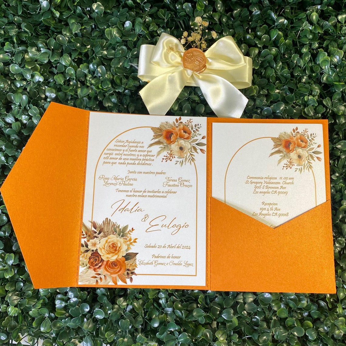 Floral Terracotta Wedding Invitation: Tri-fold Pocket, Ivory Ribbon ...