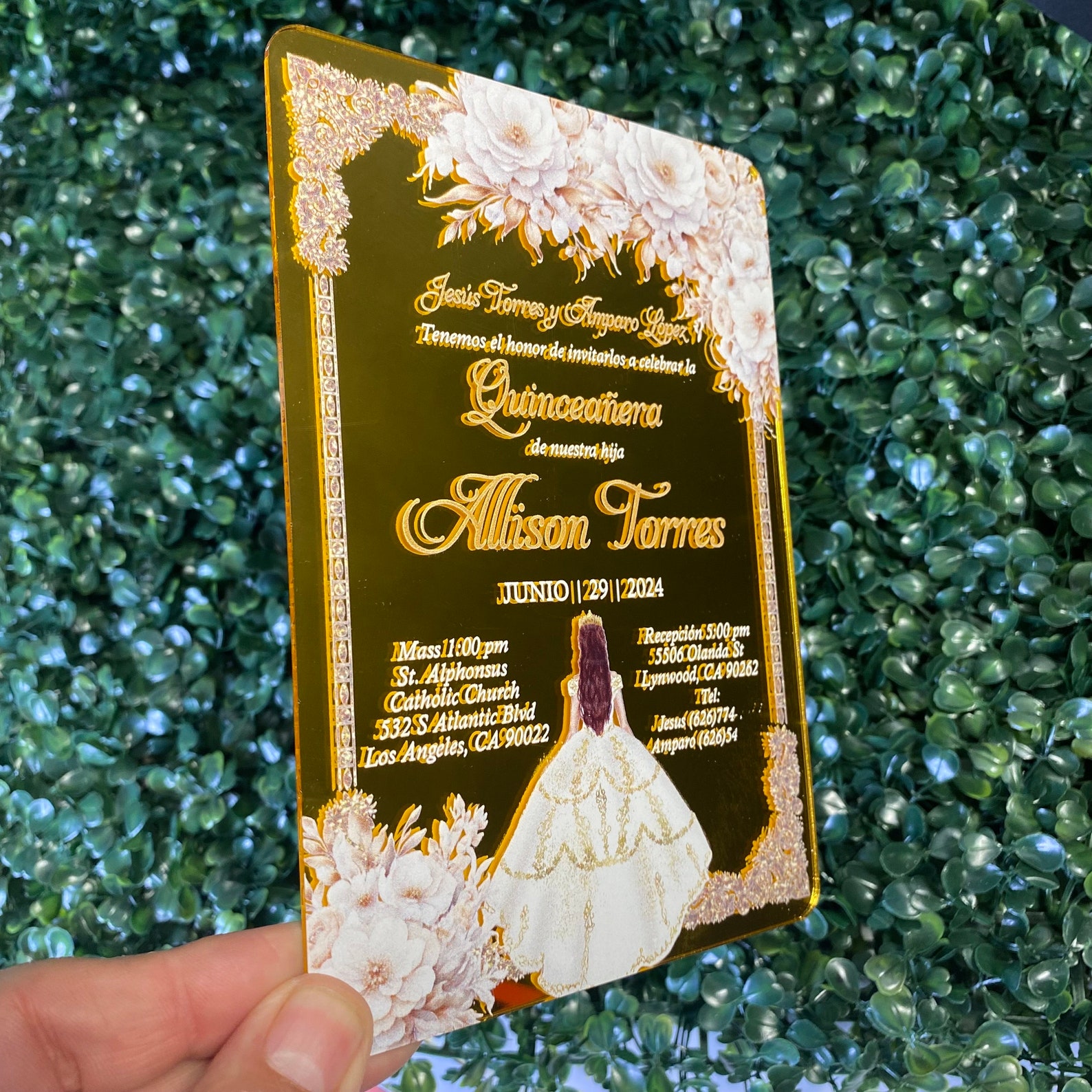 Gold Acrylic Mirror Quinceanera Invitation, Gold Invitation, Ivory ...