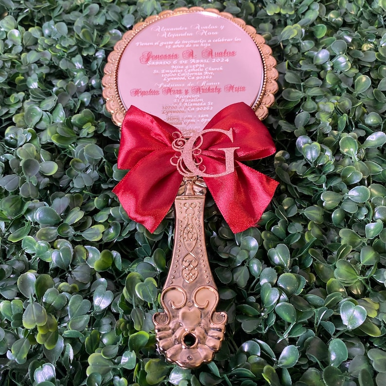 Rose Gold Hand Mirror Quinceanera Invitation: Red Ribbon, Glitter ...