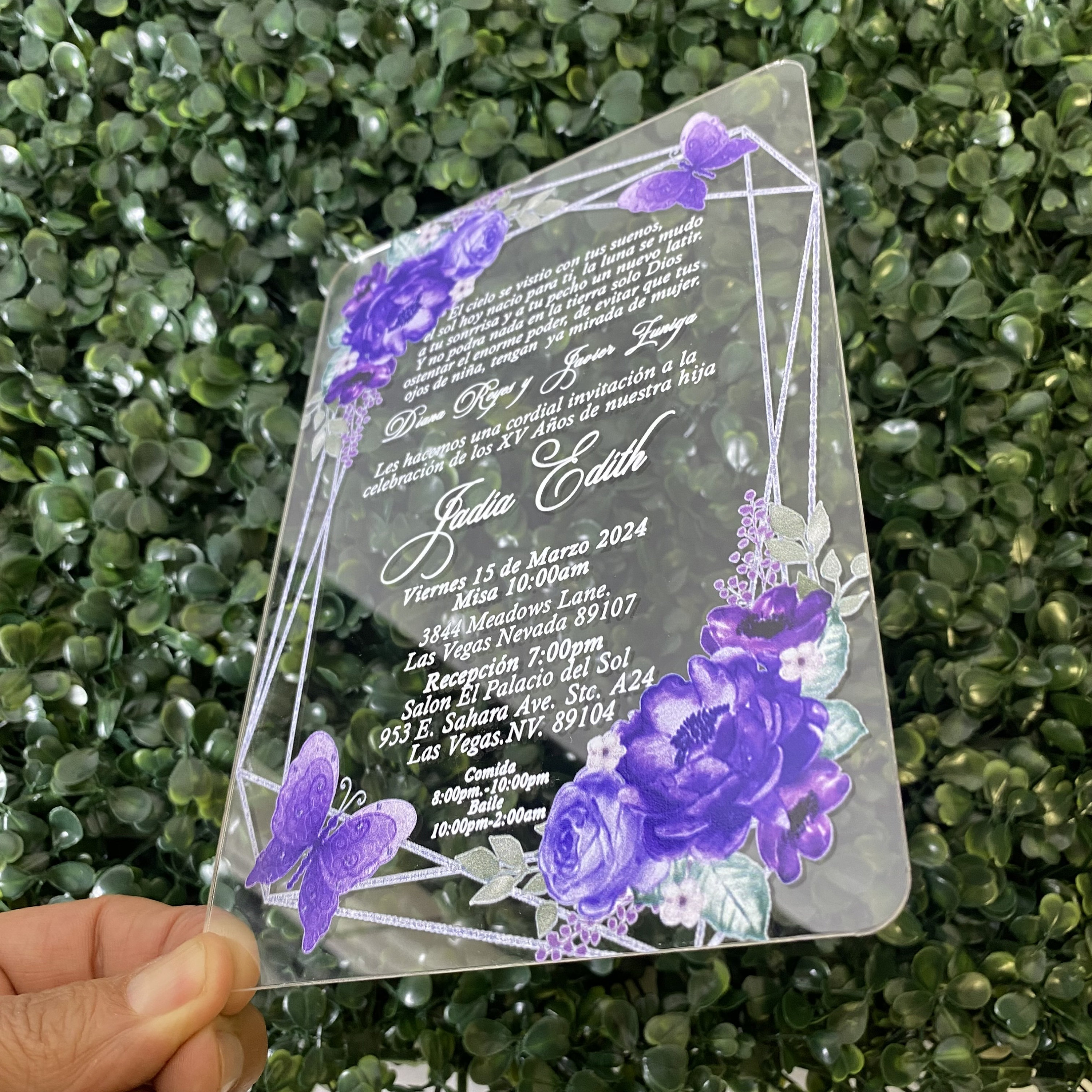 Clear Acrylic Quinceanera Invitation, Purple Floral Invitation, Floral ...