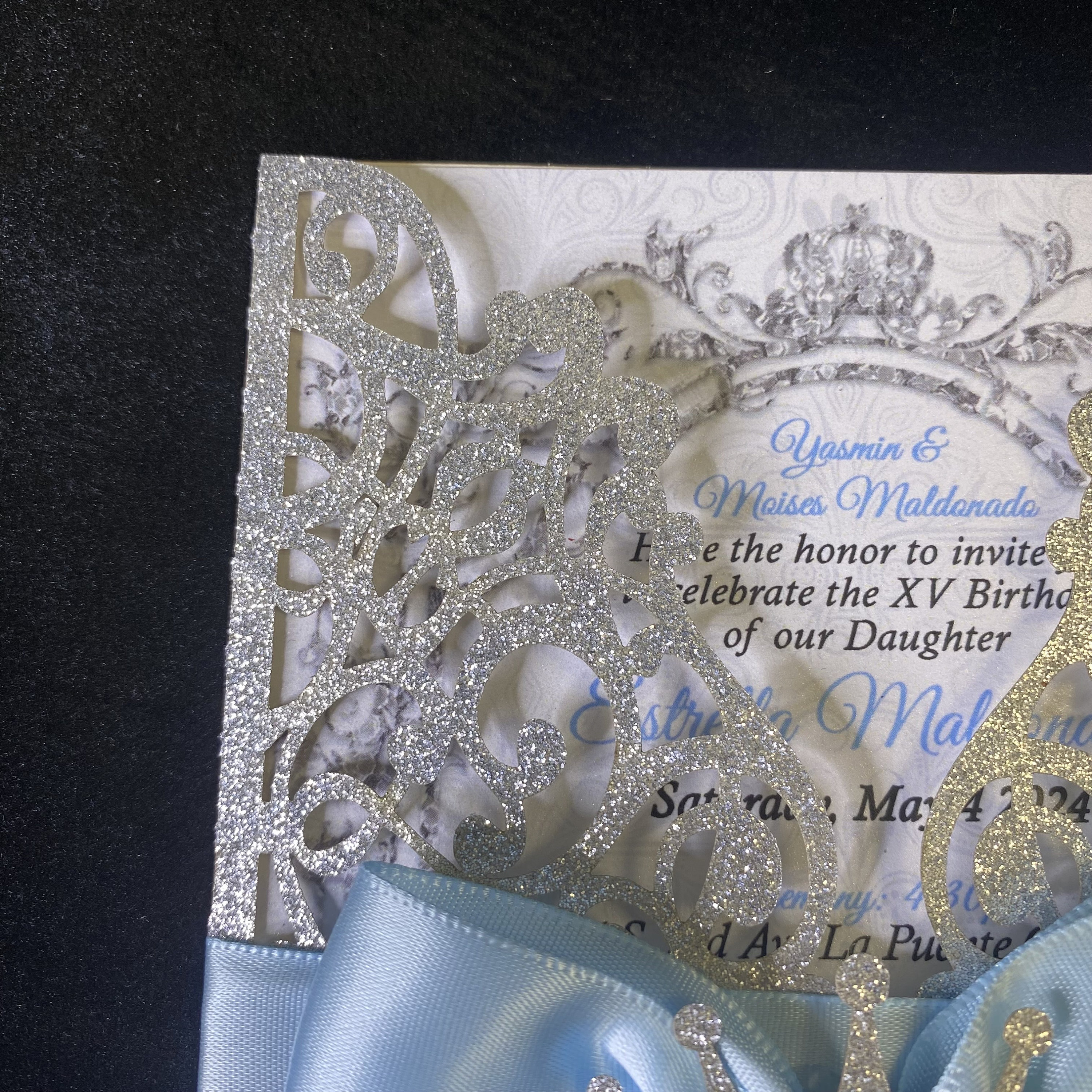 Silver Glitter Quinceanera Invitation, Baby Blue Ribbon Invitation ...