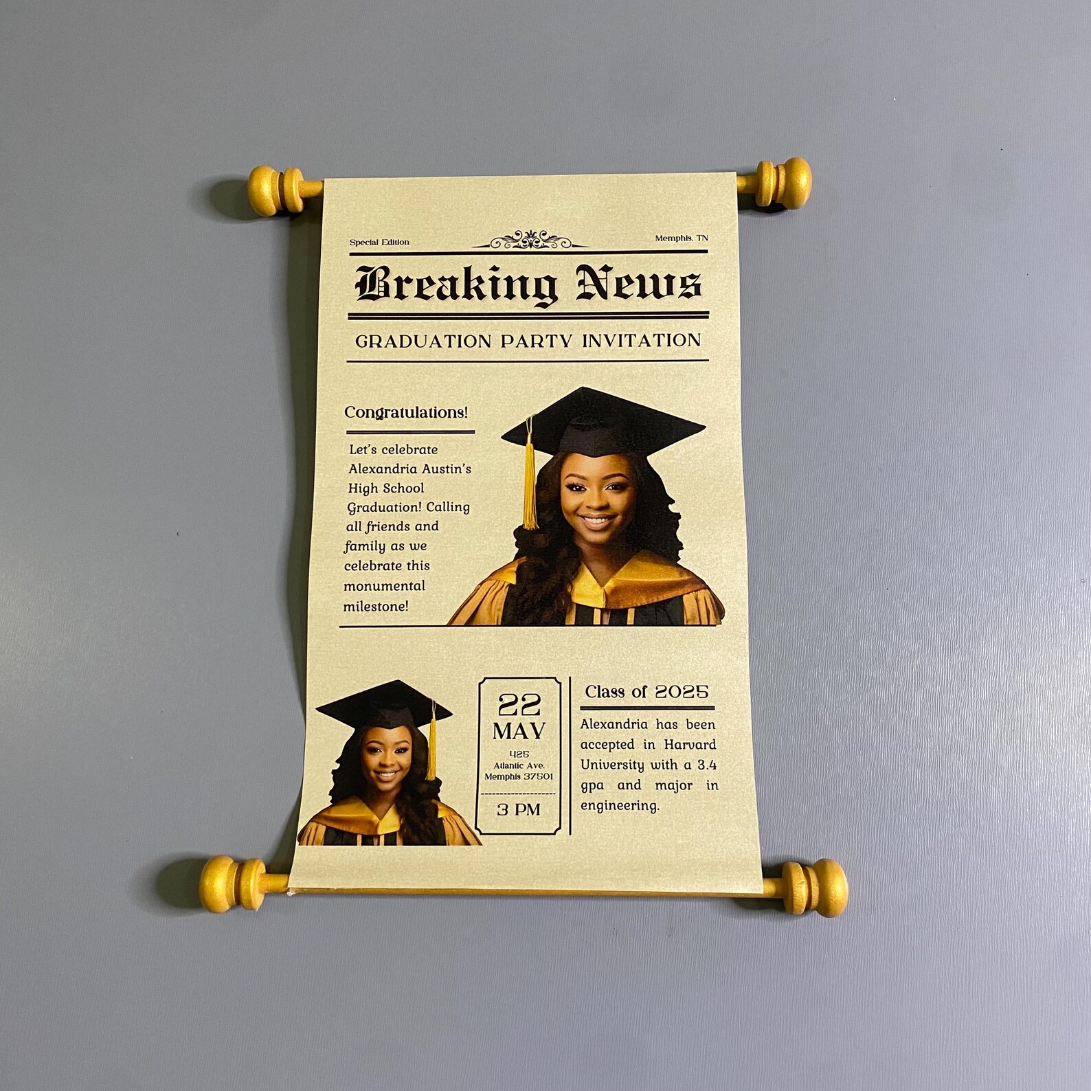 Scroll Graduation Invitation: Black & Gold, Wood Rods, Bow - Etsy