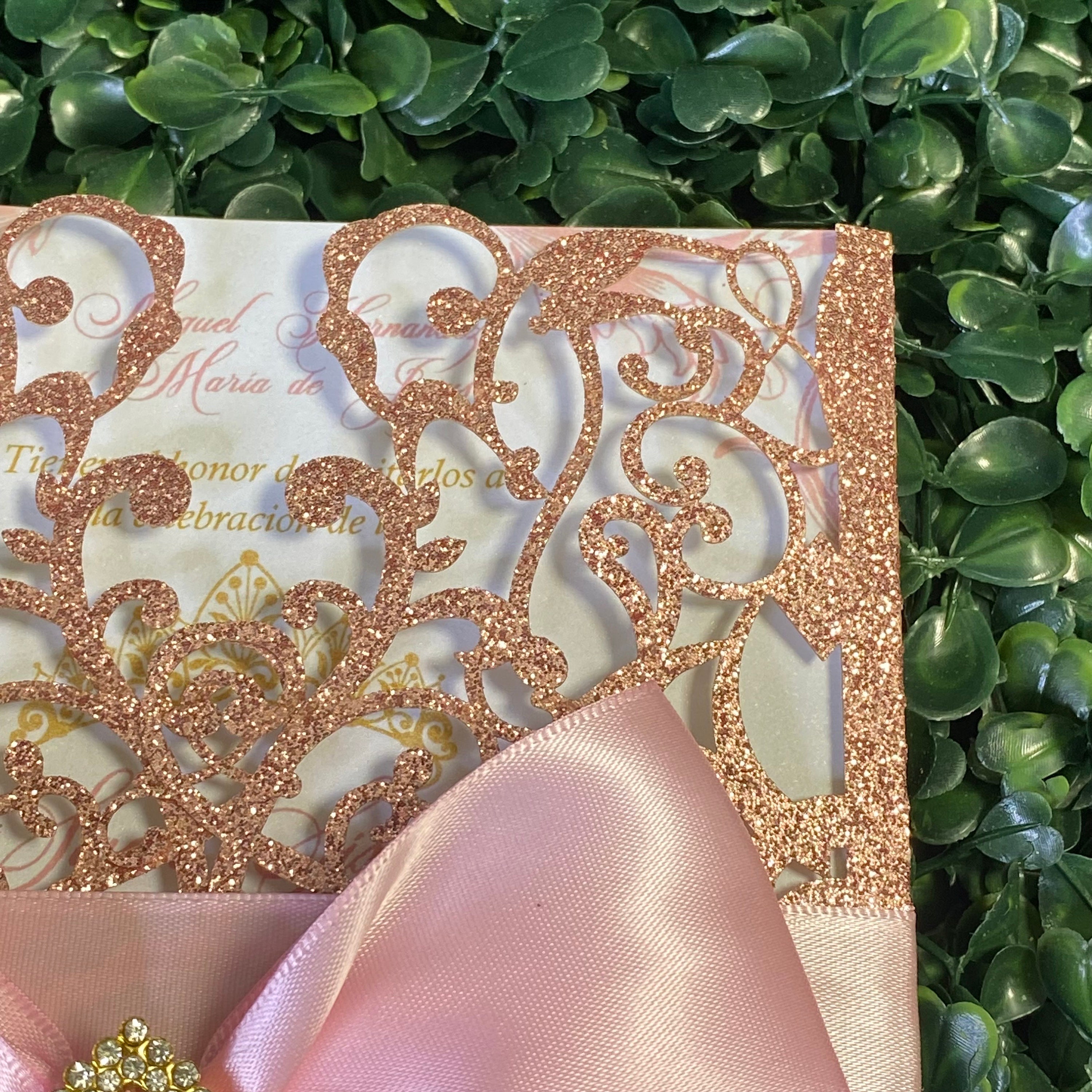 Rose Gold Glitter Quinceanera Invitation: Laser Cut Rhinestone Bow - Etsy