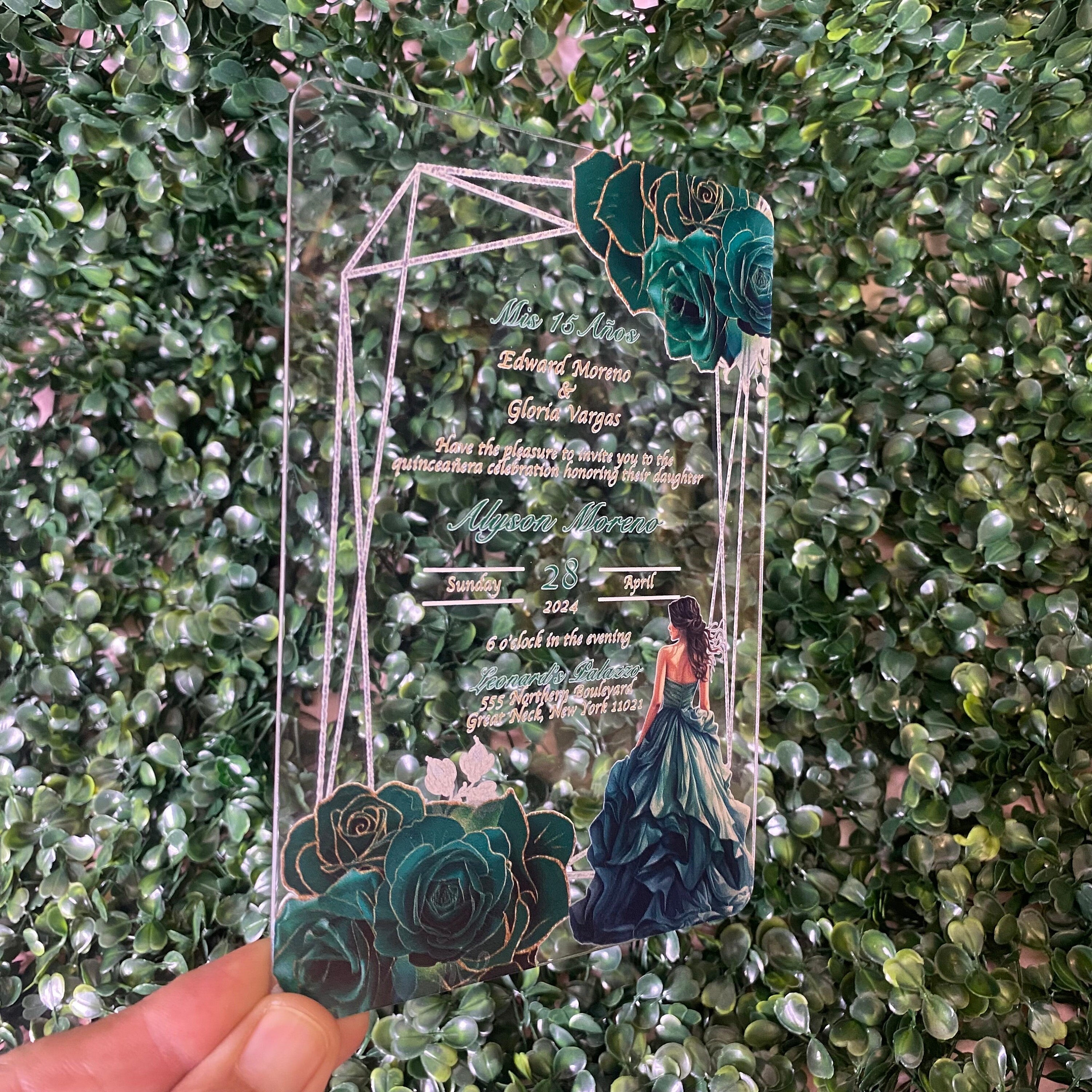 Clear Acrylic Quinceanera Invitation, Emerad Green Invitation, Floral ...