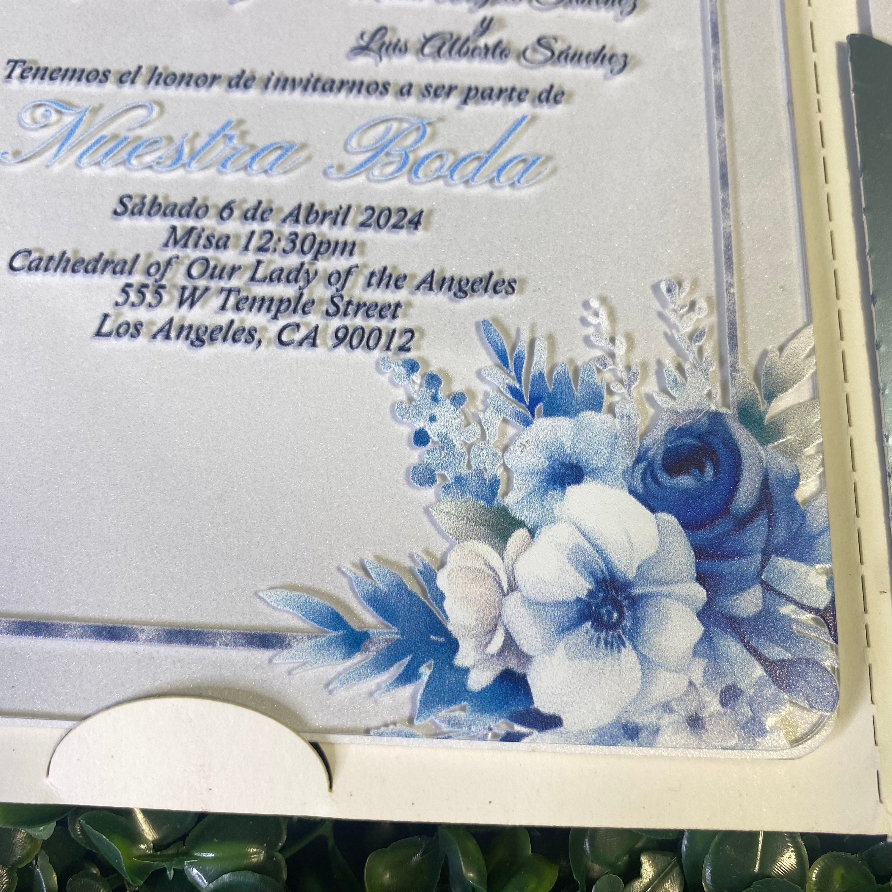 Light Blue Floral Wedding Invitation: Trifold Pocket With Ivory Ribbon ...