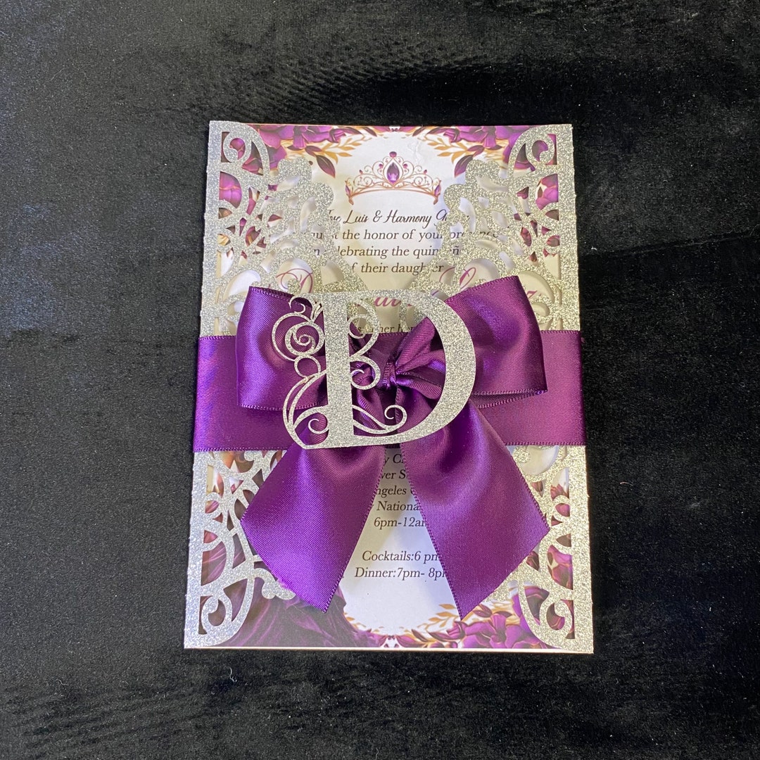Silver Glitter Quinceanera Invitation, Dark Red Ribbon Invitation ...