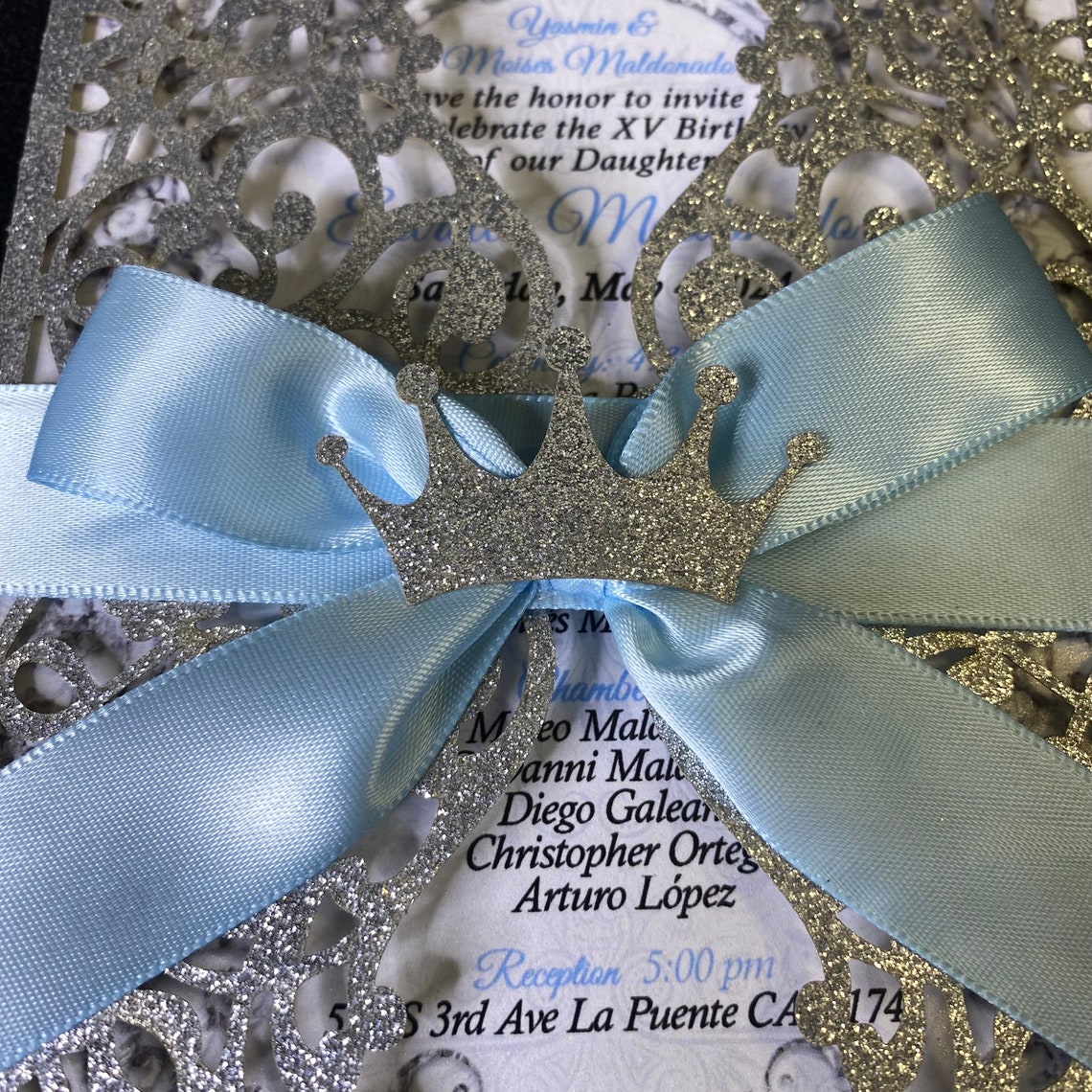 Silver Glitter Quinceanera Invitation, Baby Blue Ribbon Invitation ...
