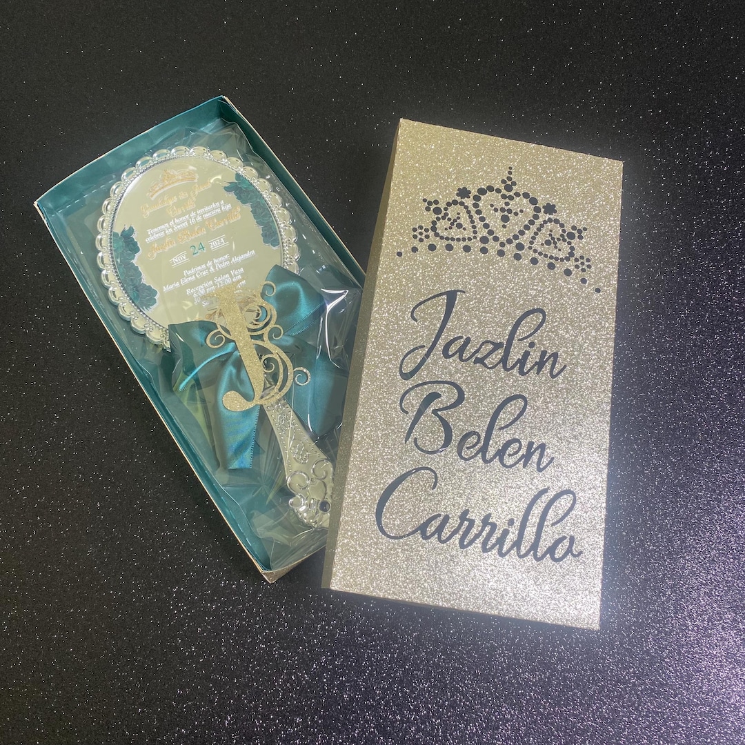 Silver Hand Mirror Quinceanera Invitation: Emerald Ribbon, Glitter Box ...