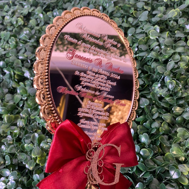Rose Gold Hand Mirror Quinceanera Invitation: Red Ribbon, Glitter ...