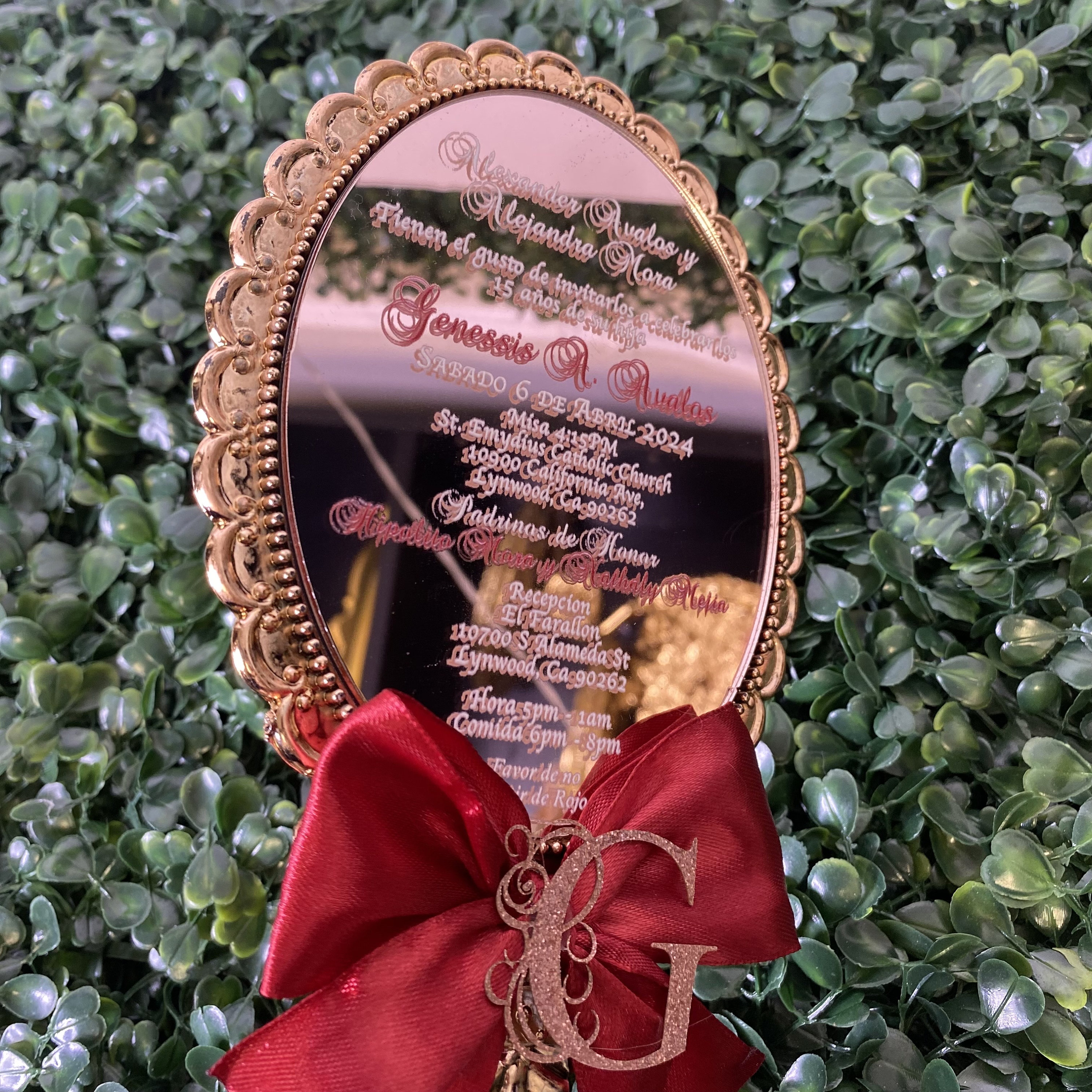 Rose Gold Hand Mirror Quinceanera Invitation: Red Ribbon, Glitter ...