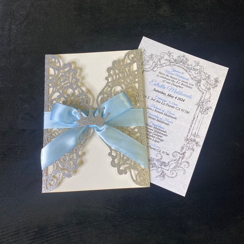 Silver Glitter Quinceanera Invitation, Baby Blue Ribbon Invitation ...