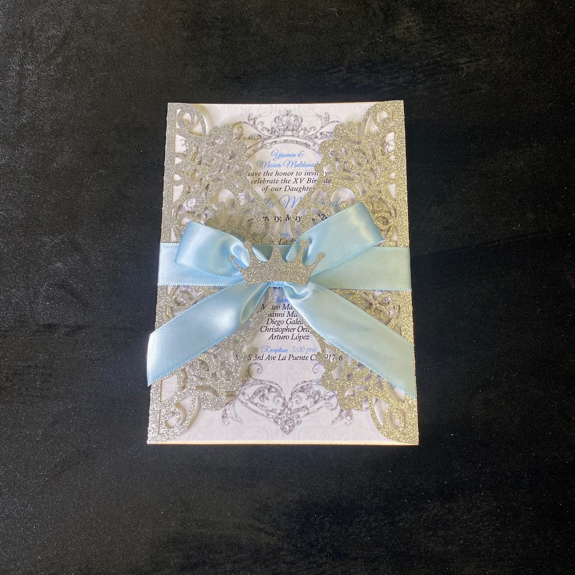 Silver Glitter Quinceanera Invitation, Baby Blue Ribbon Invitation ...