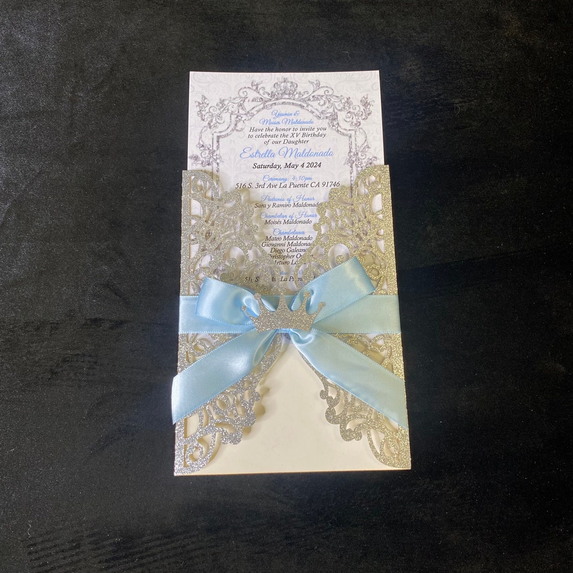 Silver Glitter Quinceanera Invitation, Baby Blue Ribbon Invitation ...