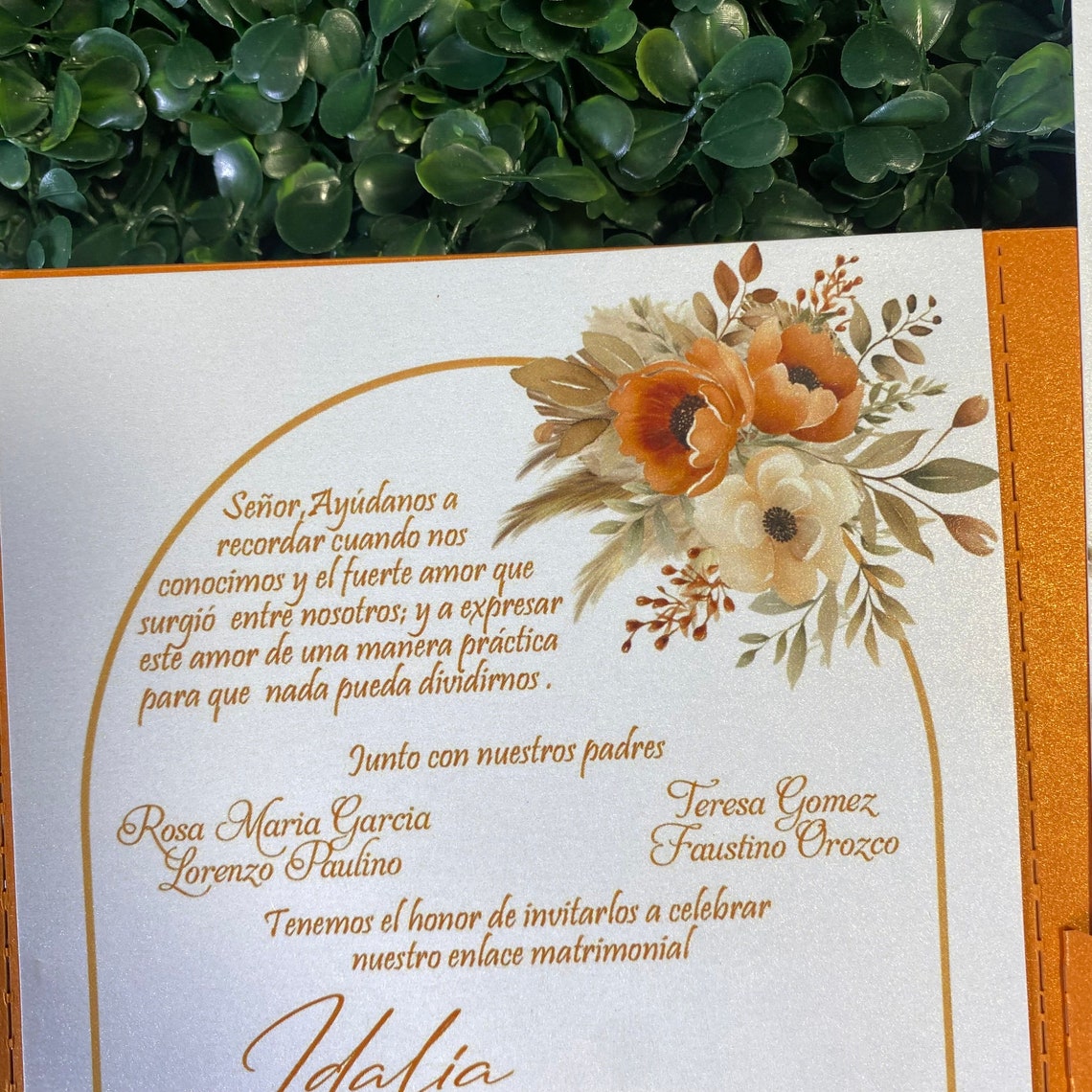 Floral Terracotta Wedding Invitation: Tri-fold Pocket, Ivory Ribbon ...